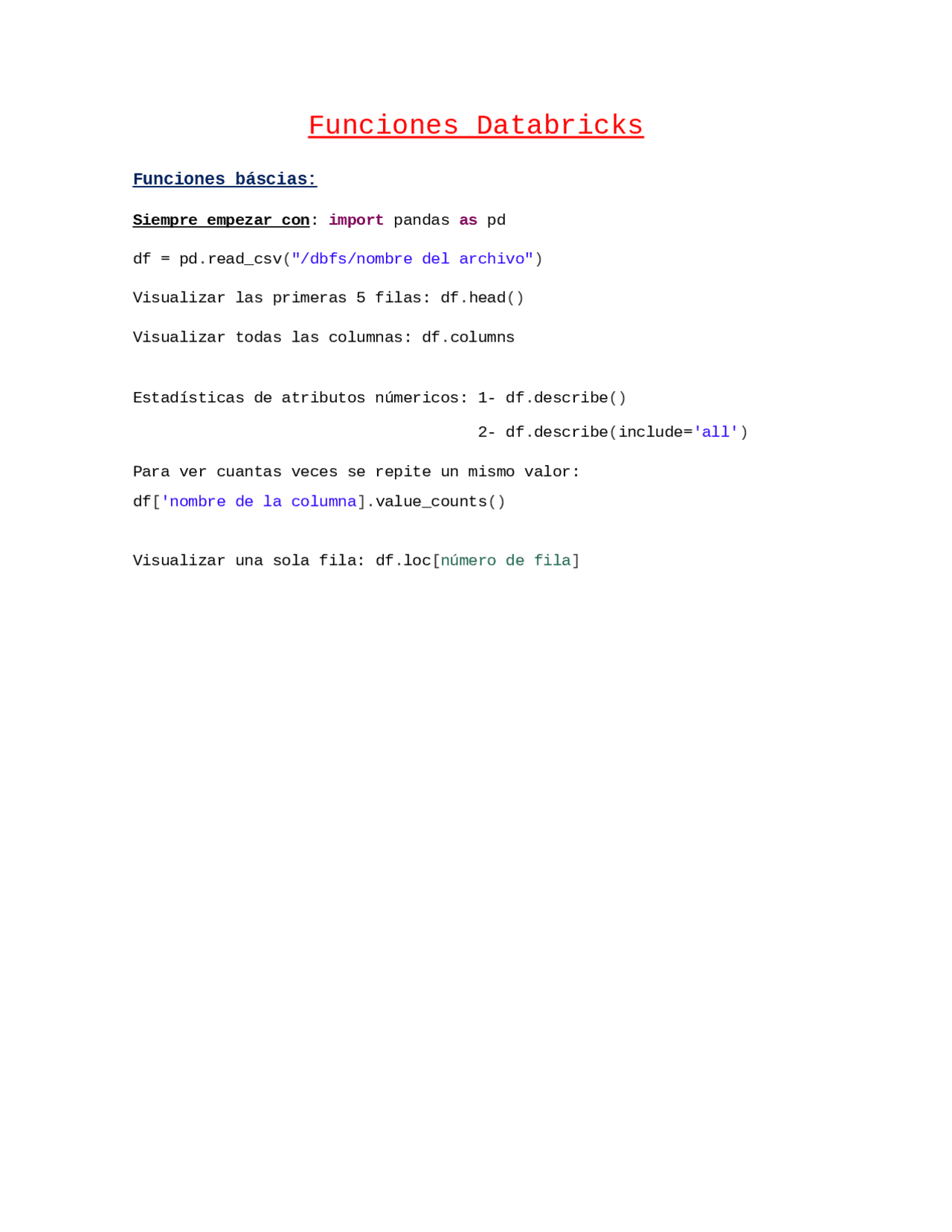 Databricks funciones - Docsity