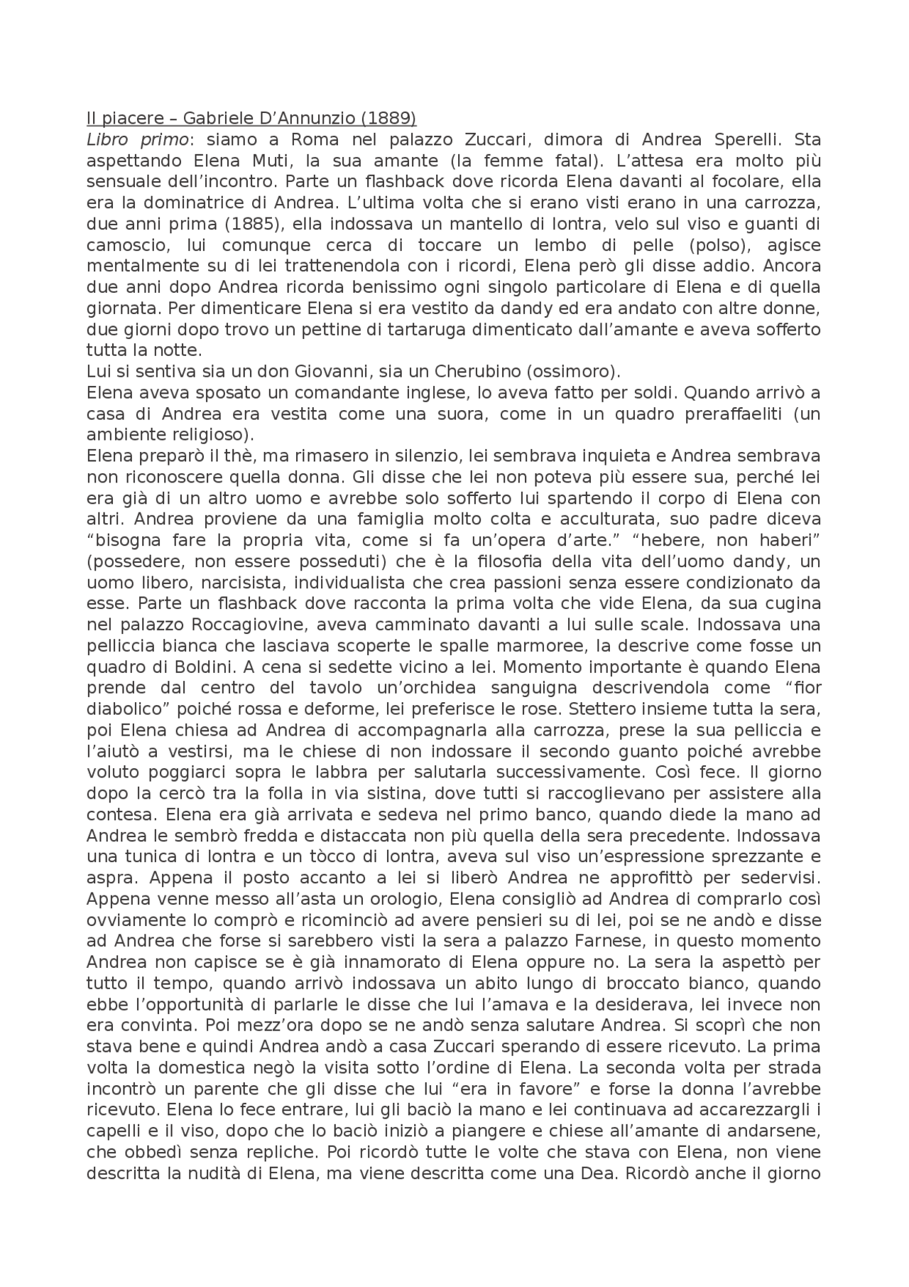 Riassunto Il Piacere Di Gabriele Dannunzio Docsity