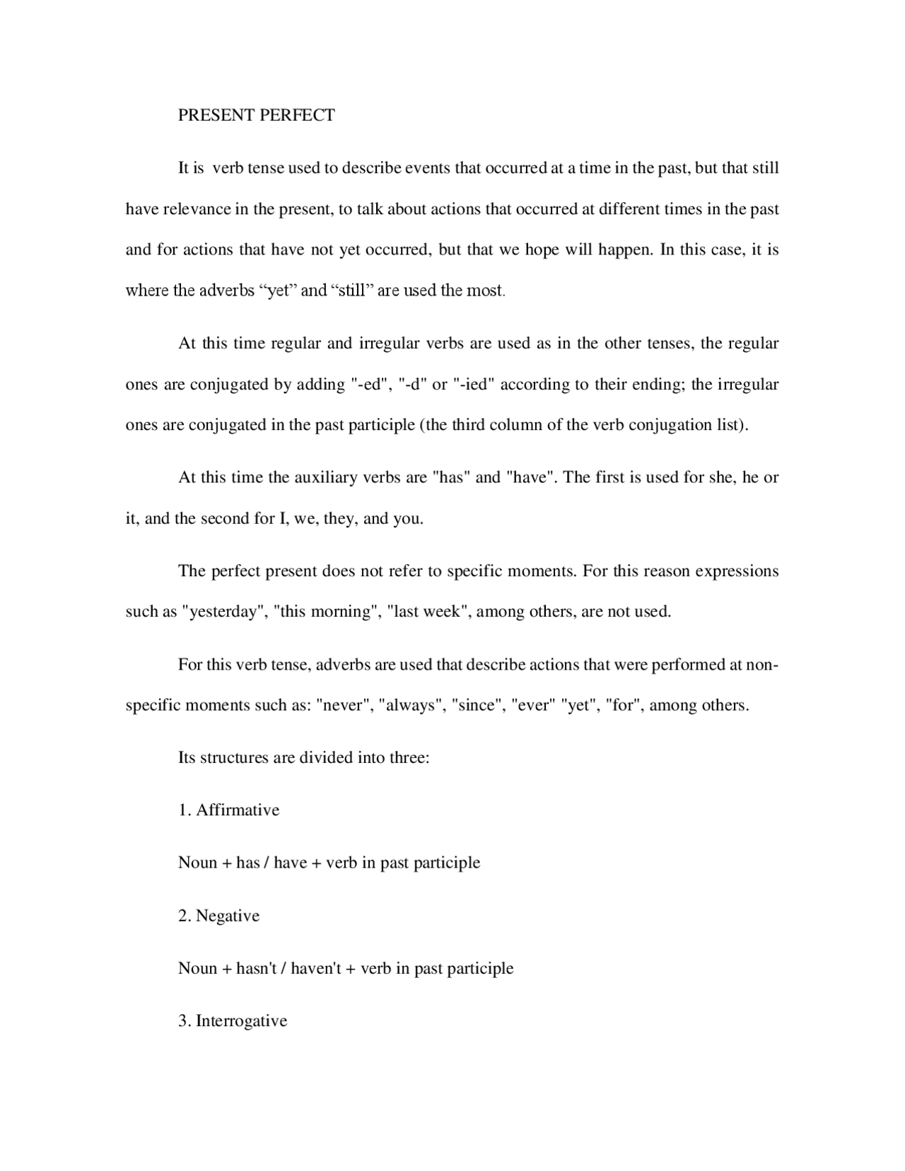 Explicación del tiempo Present perfect - Docsity