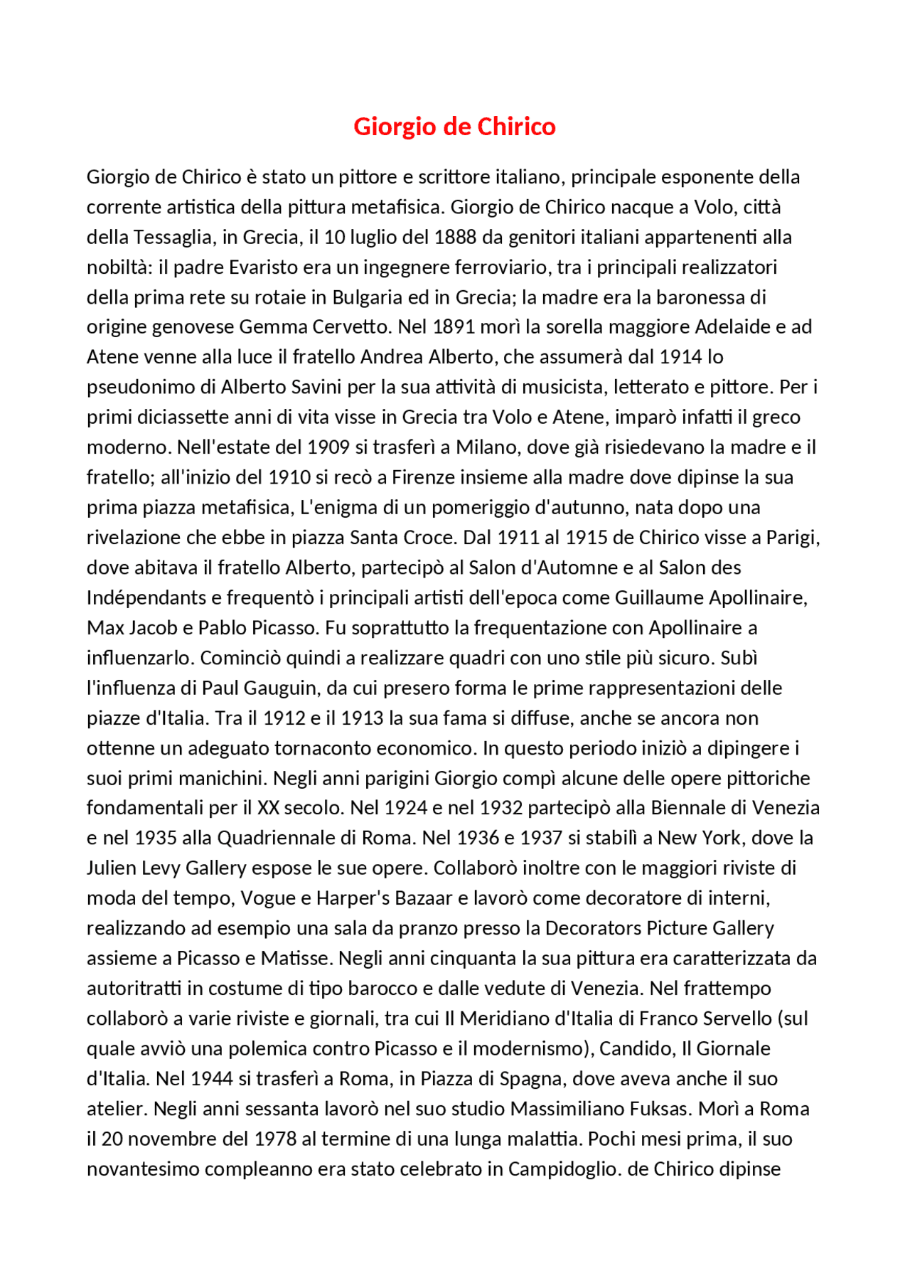 Giorgio De Chirico La Vita Docsity