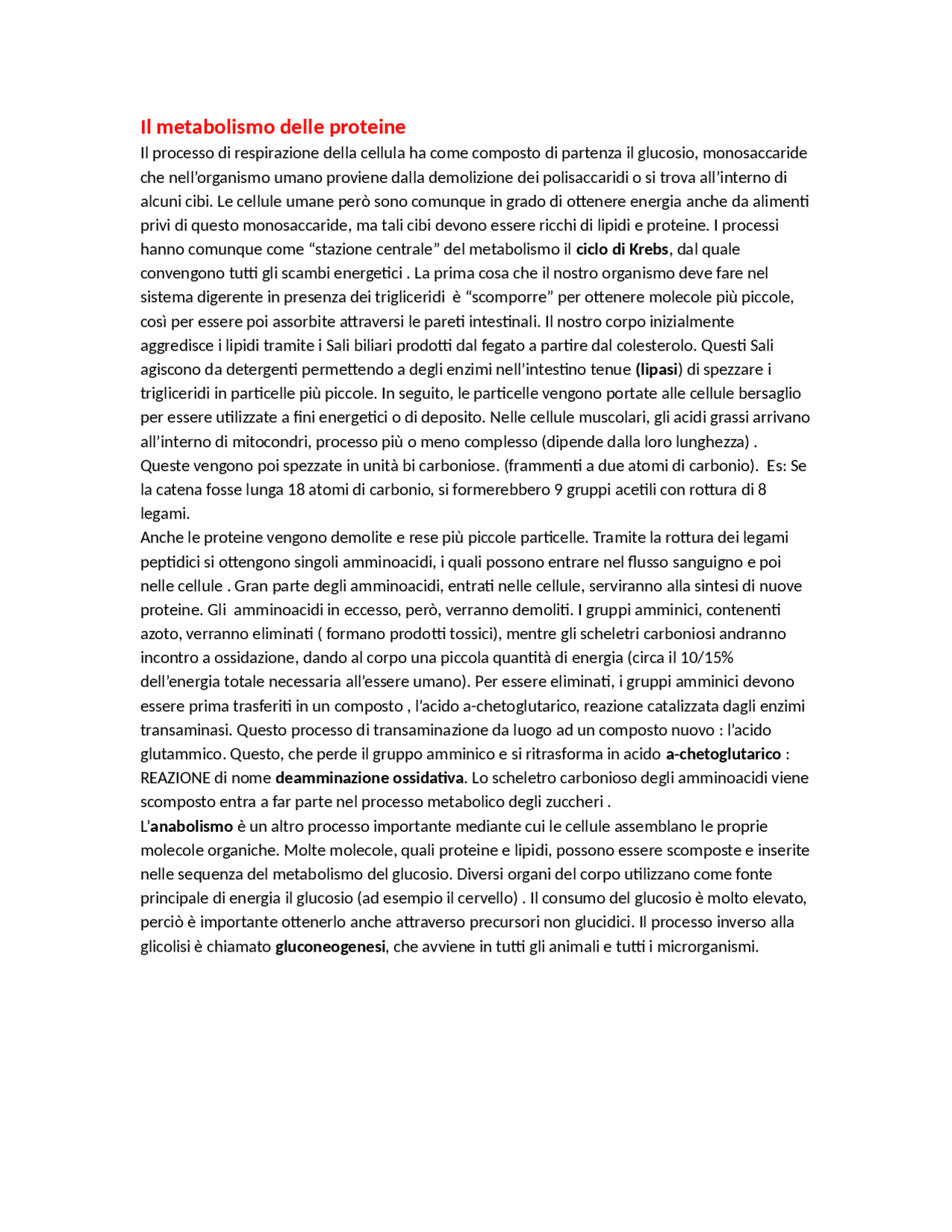 Riassunto Semplice Sul Metabolismo Delle Proteine Docsity