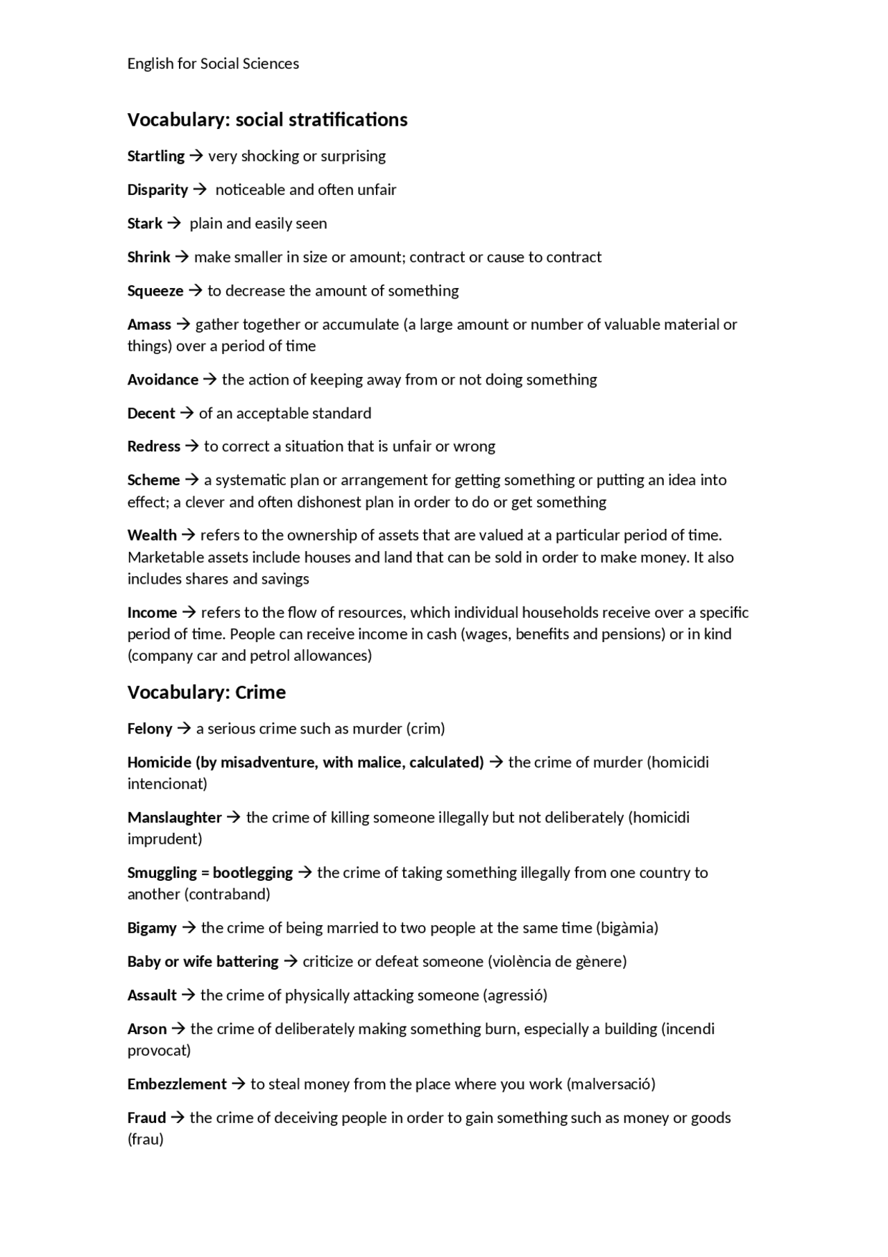Vocabulary sociology: english for social science - Docsity