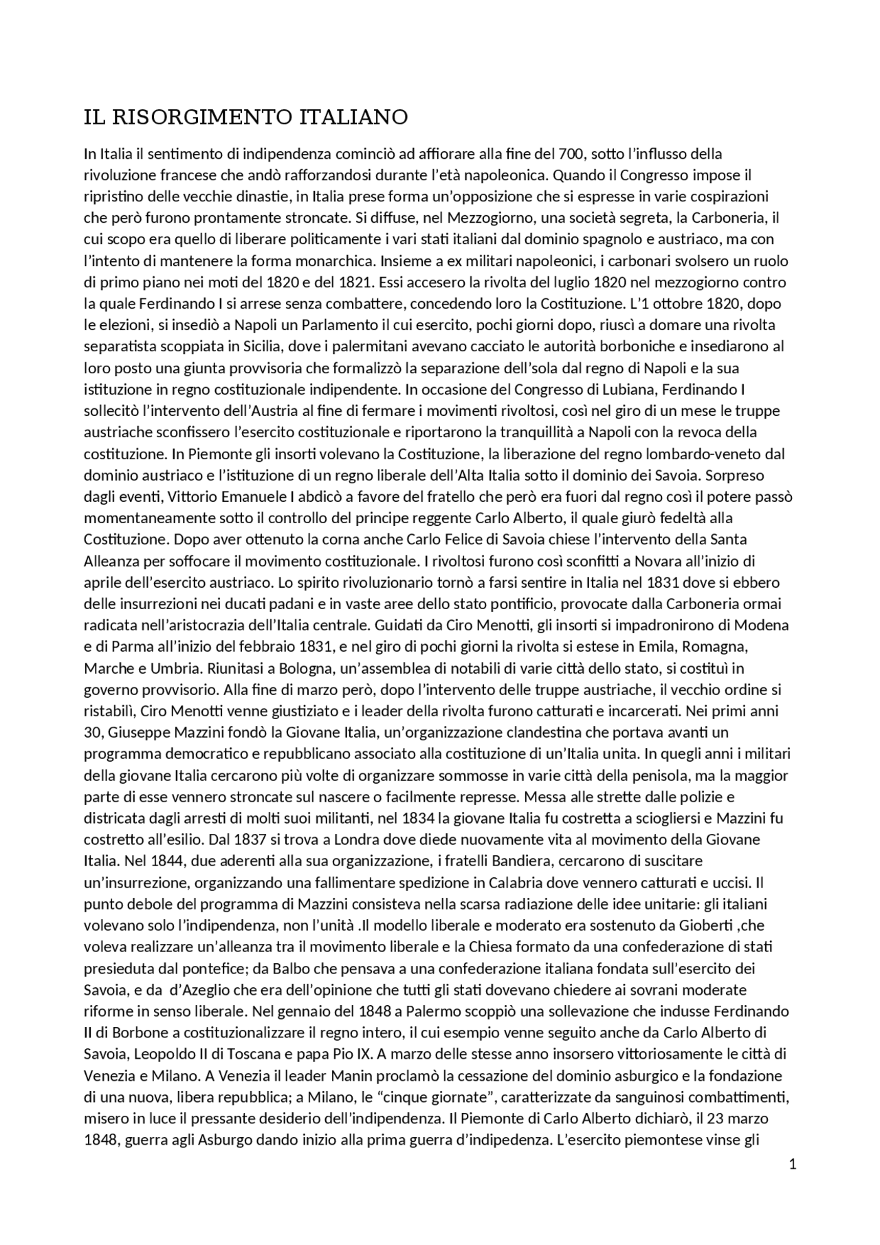 Il risorgimento italiano - breve riassunto | Appunti di Storia | Docsity