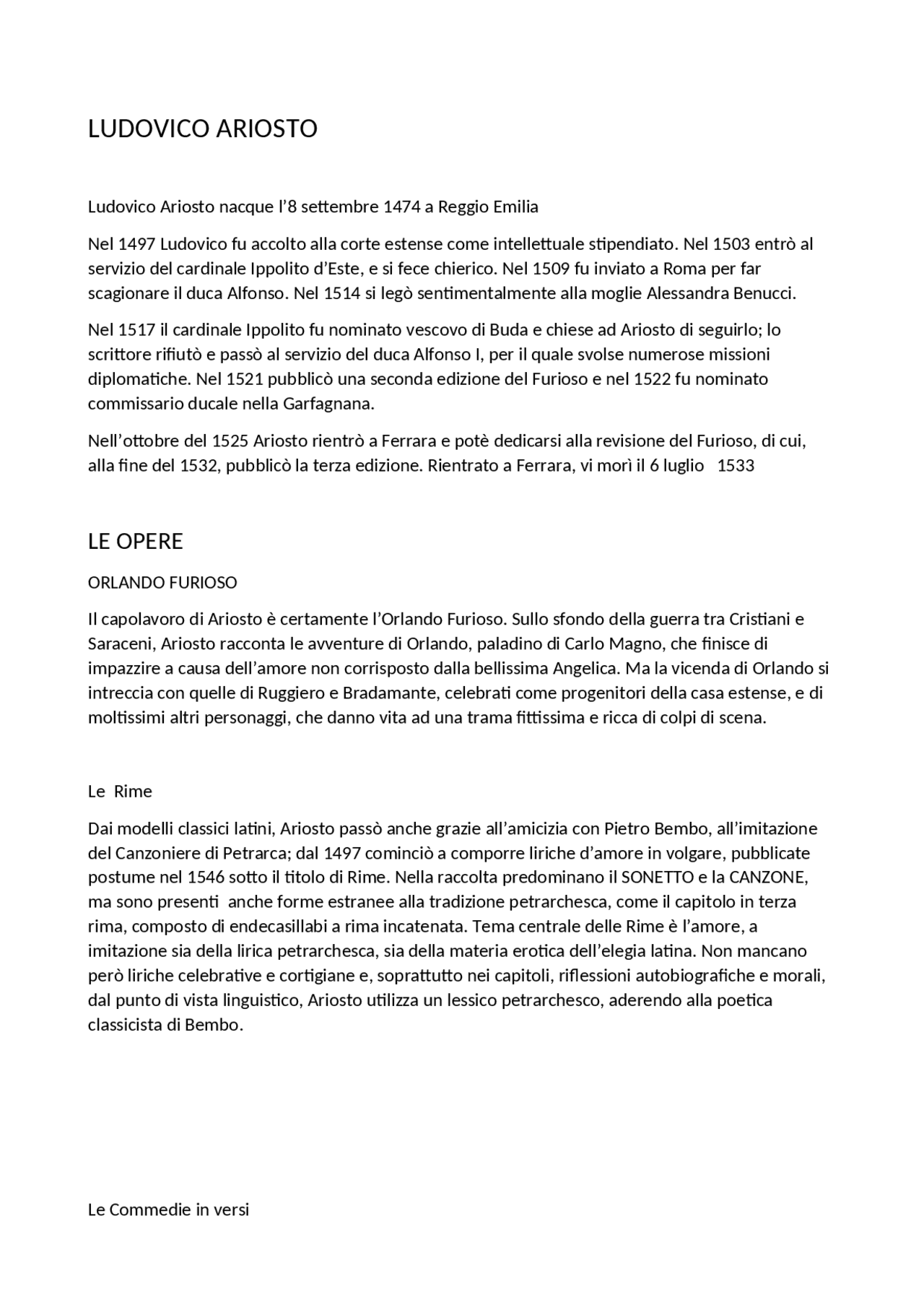Ludovico Ariosto- Opere e vita - Docsity
