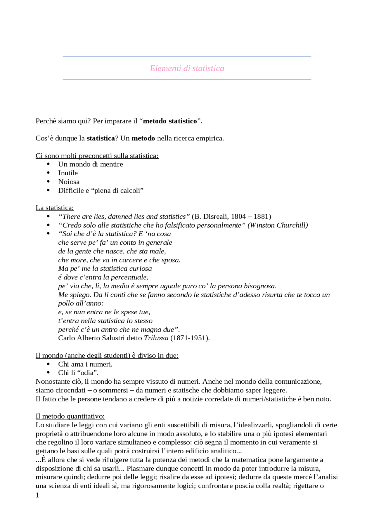 Elementi di statistica - Docsity