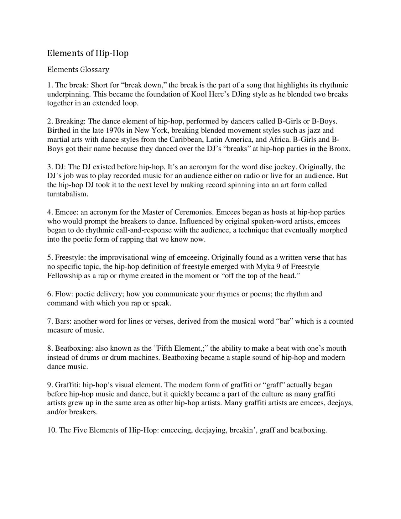 Elements of Hip Hop 1 - Docsity