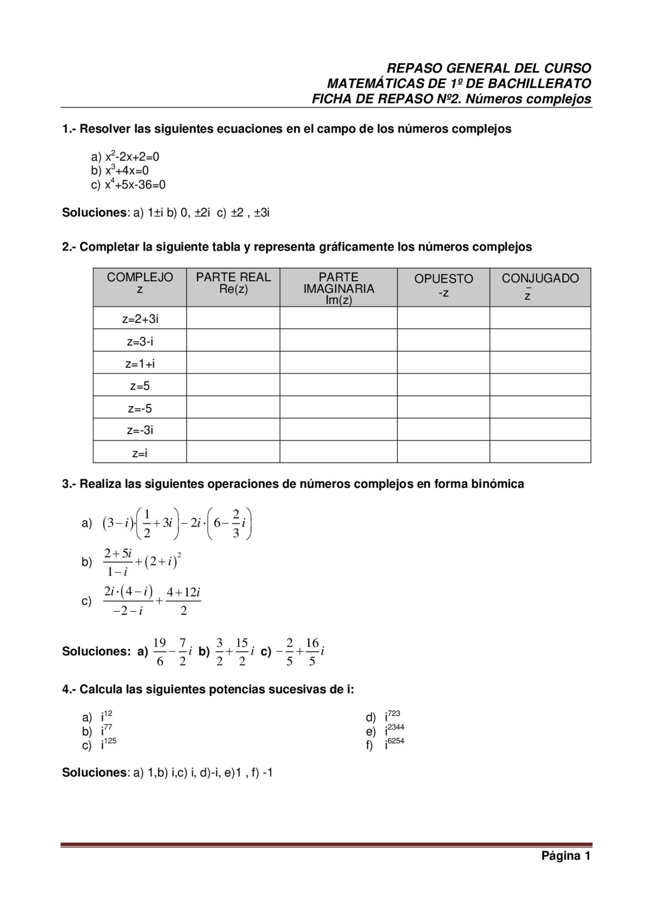 Números Complejos Bachillerato Ejercicios De Matemáticas Docsity