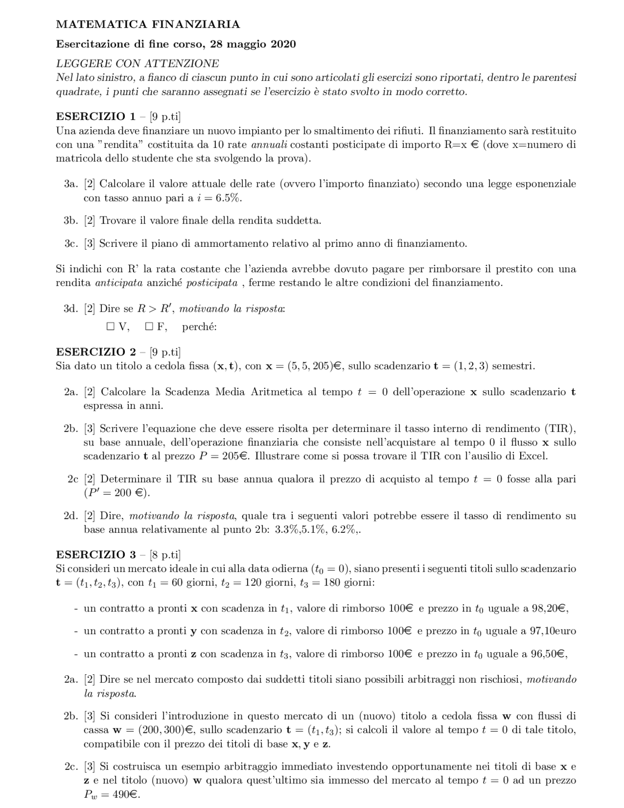 Esercitazione matematica finanziaria - Docsity