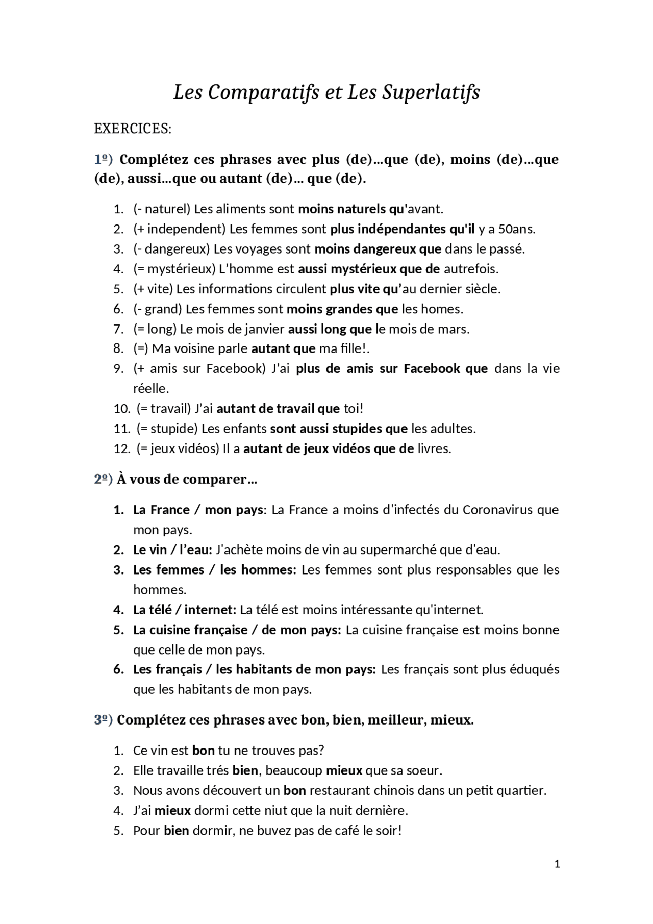 Tarea FRANCÉS II. Les Comparatifs et Les Superlatifs - Docsity