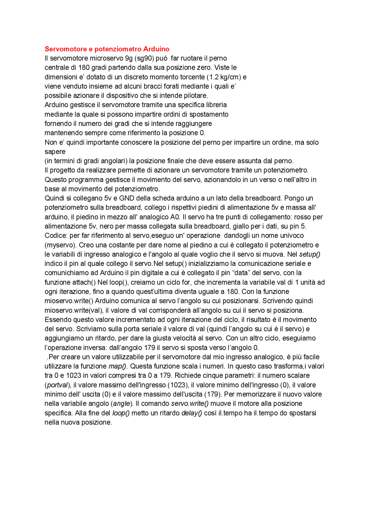 Servomotore e potenziometro Arduino - Docsity