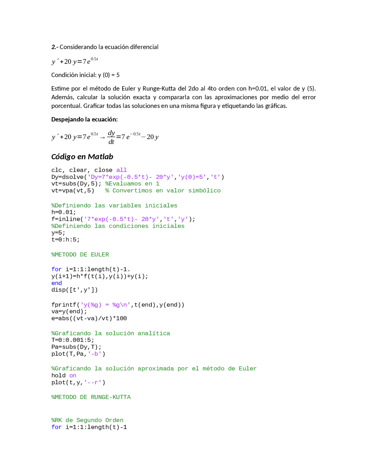 Ecuaciones Diferenciales Codigo Matlab | Ejercicios de Métodos Numéricos | Docsity