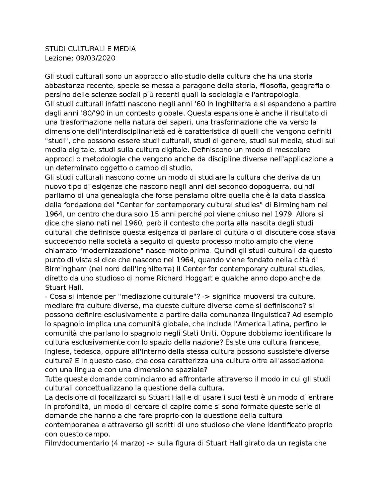 STUDI CULTURALI E MEDIA, I CULTURAL STUDIES - Docsity