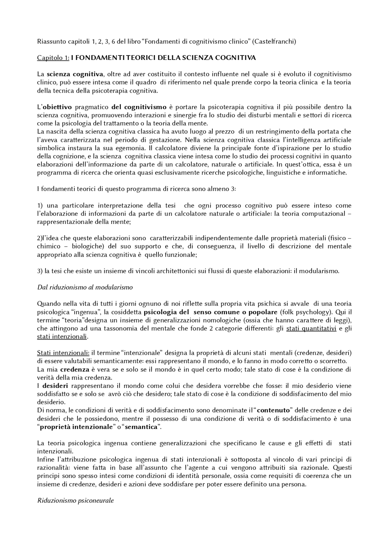 Riassunto Fondamenti Di Cognitivismo Clinico Docsity