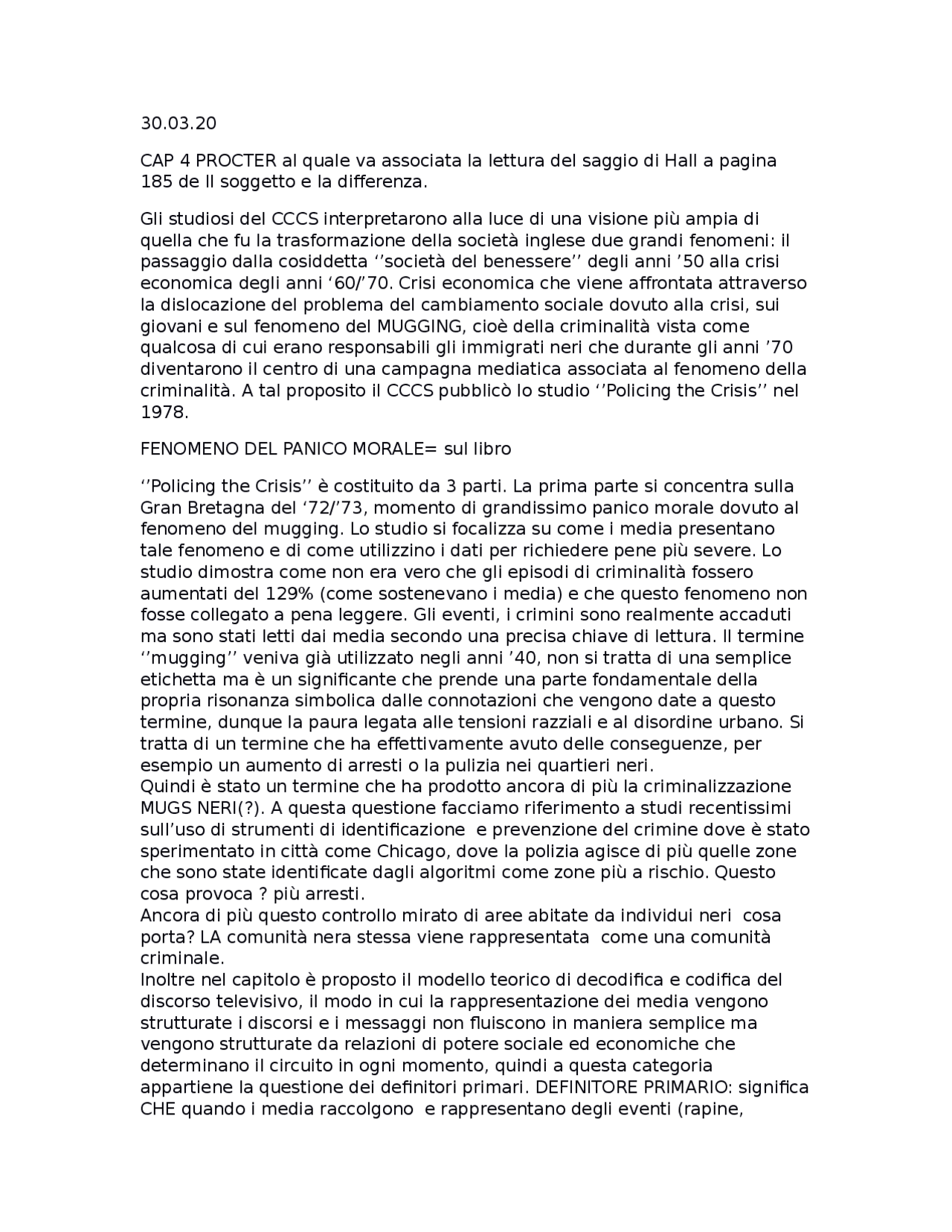 STUDI CULTURALI E MEDIA, CAPITOLO 4 PROCTER - Docsity