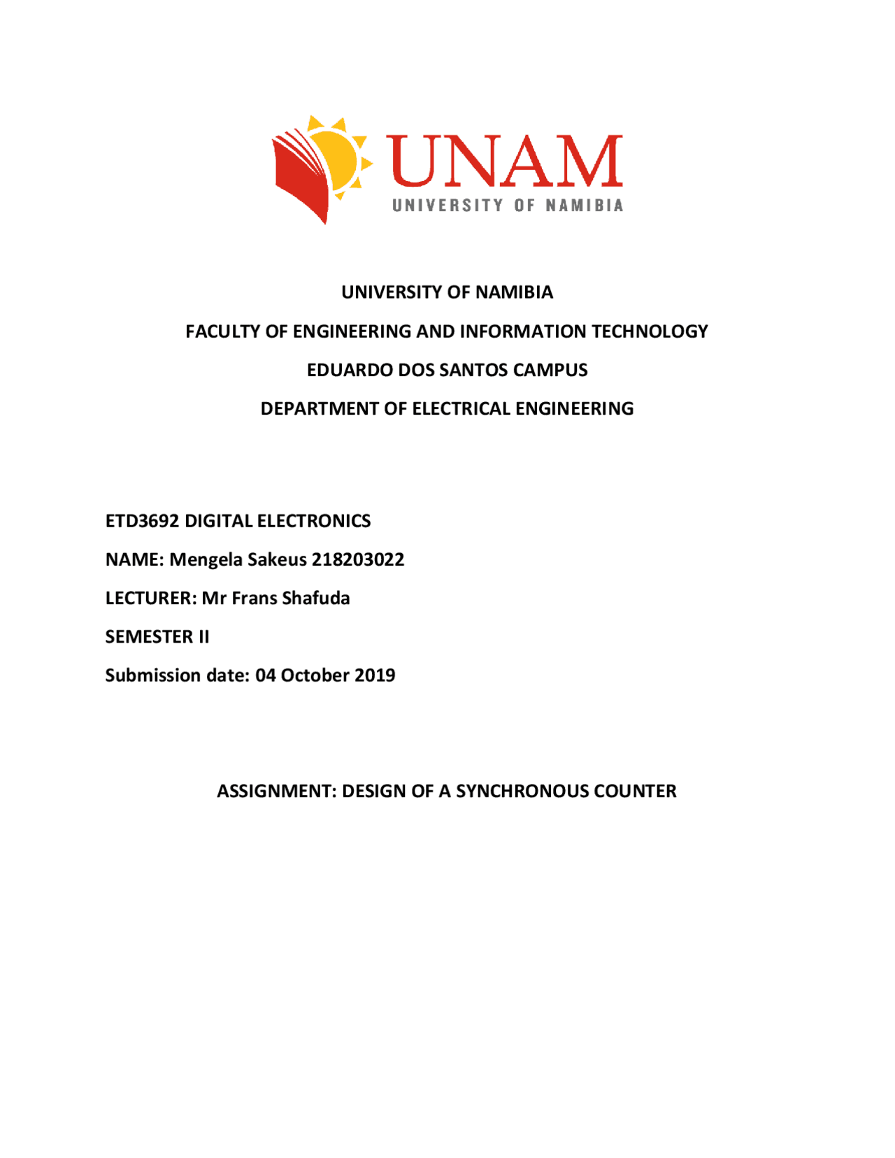 DESIGN OF A SYNCHRONOUS COUNTER | Lab Reports Digital Electronics | Docsity