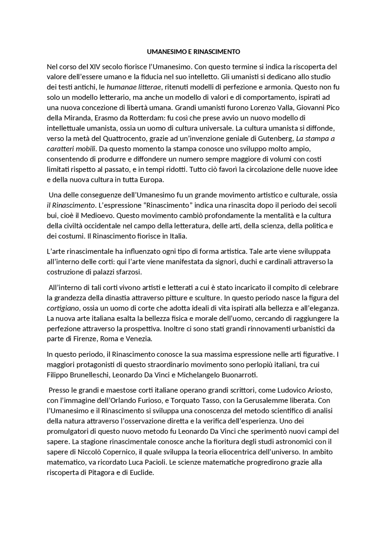 UMANESIMO E RINASCIMENT0 - Docsity