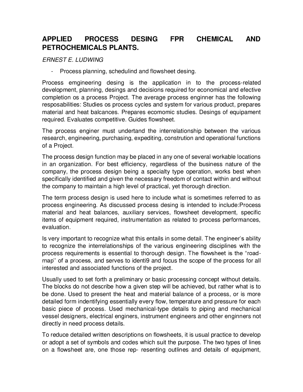 APPLIED PROCESS DESING FPR CHEMICAL AND PETROCHEMICALS PLANTS - Docsity