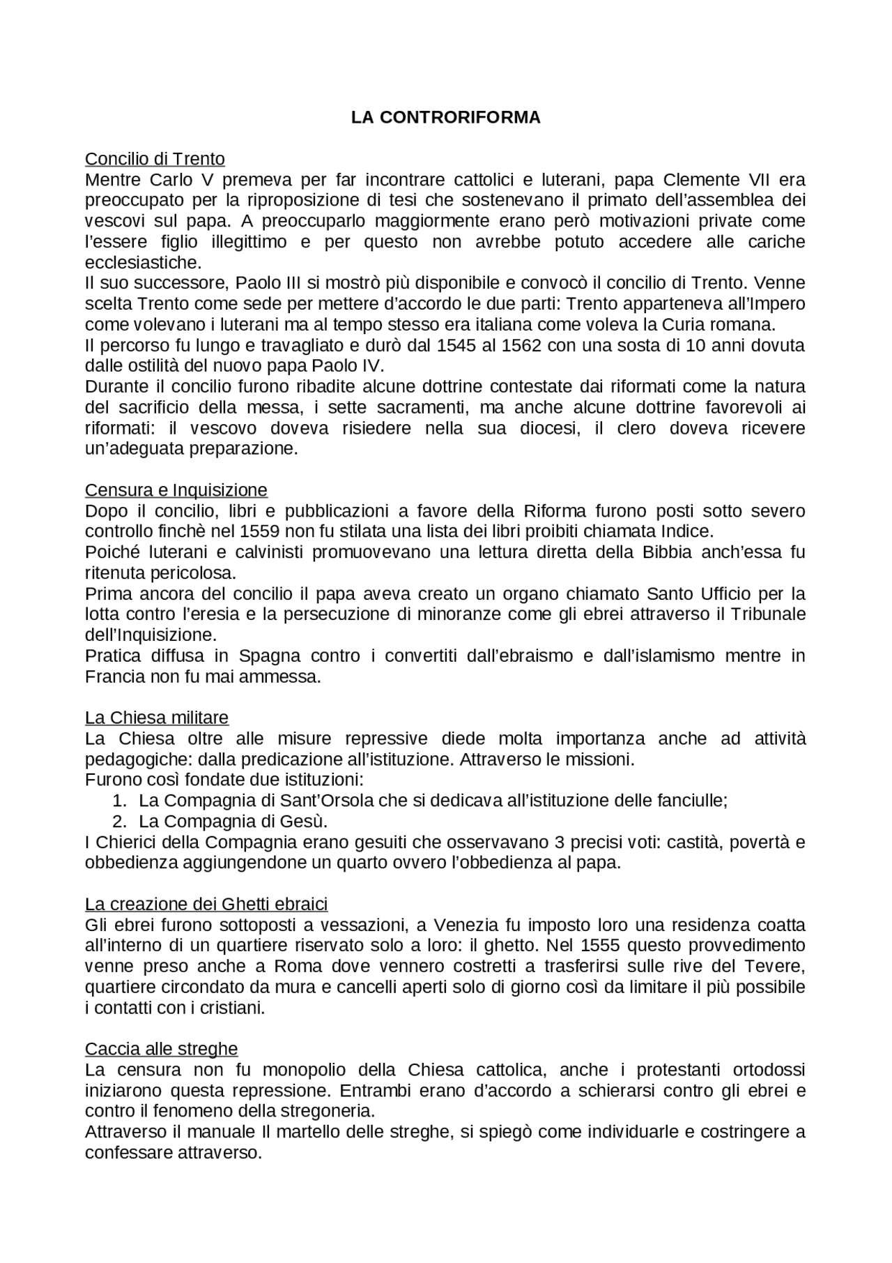 La controriforma religiosa - Docsity