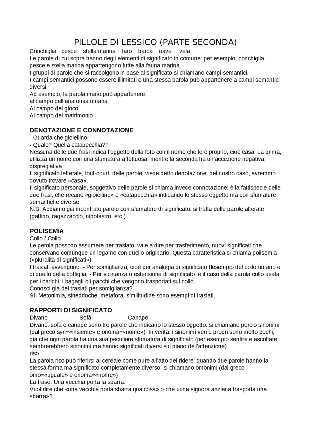 Pillole di lessico, schema | Appunti di Italiano - Docsity