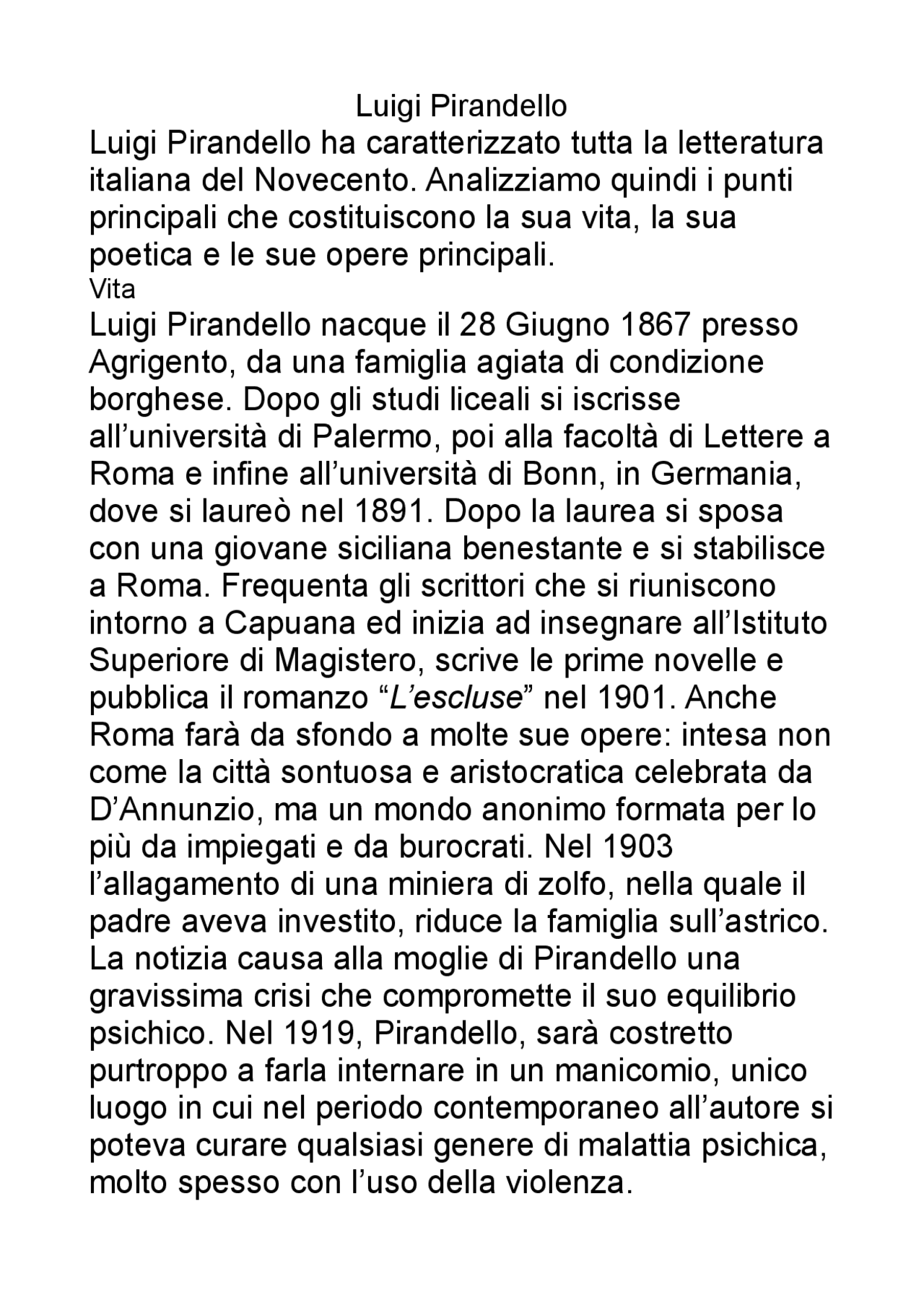 Luigi Pirandello Vita E Opere Docsity