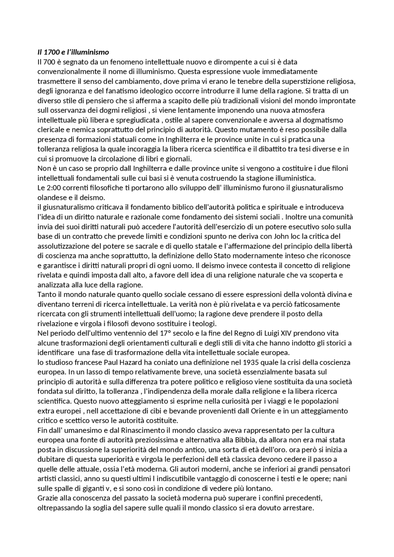 L'illuminismo e il 1700 - Docsity