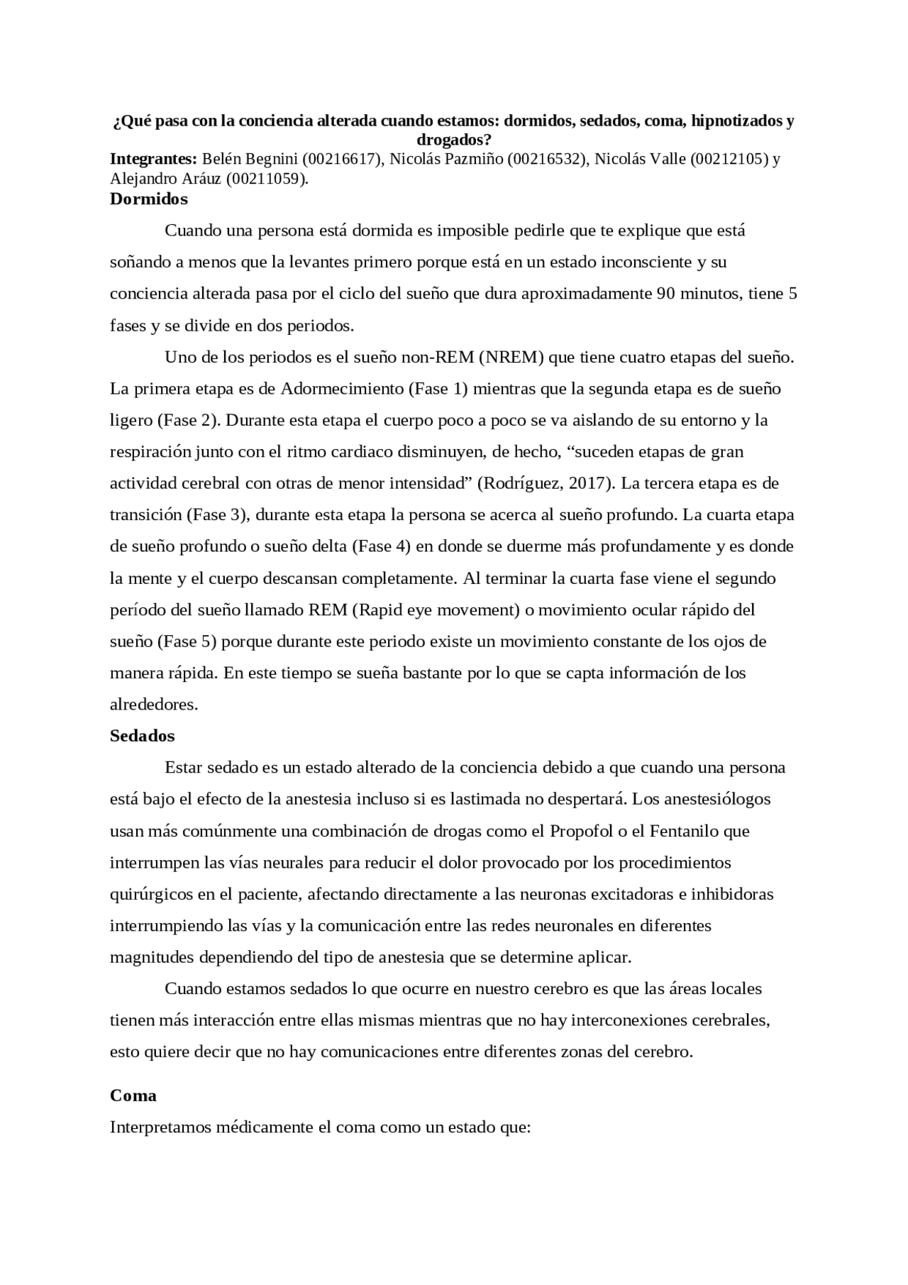 Análisis de la conciencia alterada - Docsity