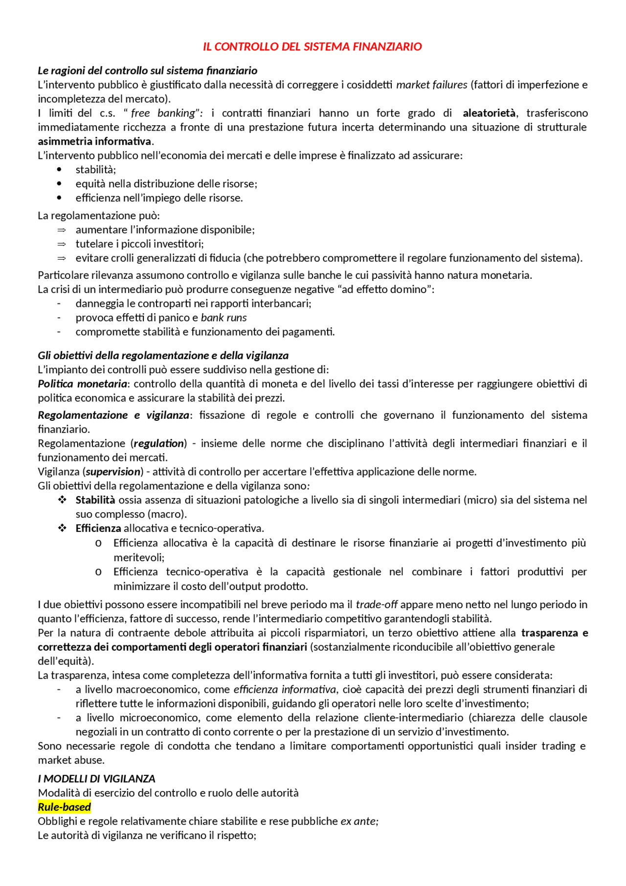 Controllo del sistema finanziario - Docsity