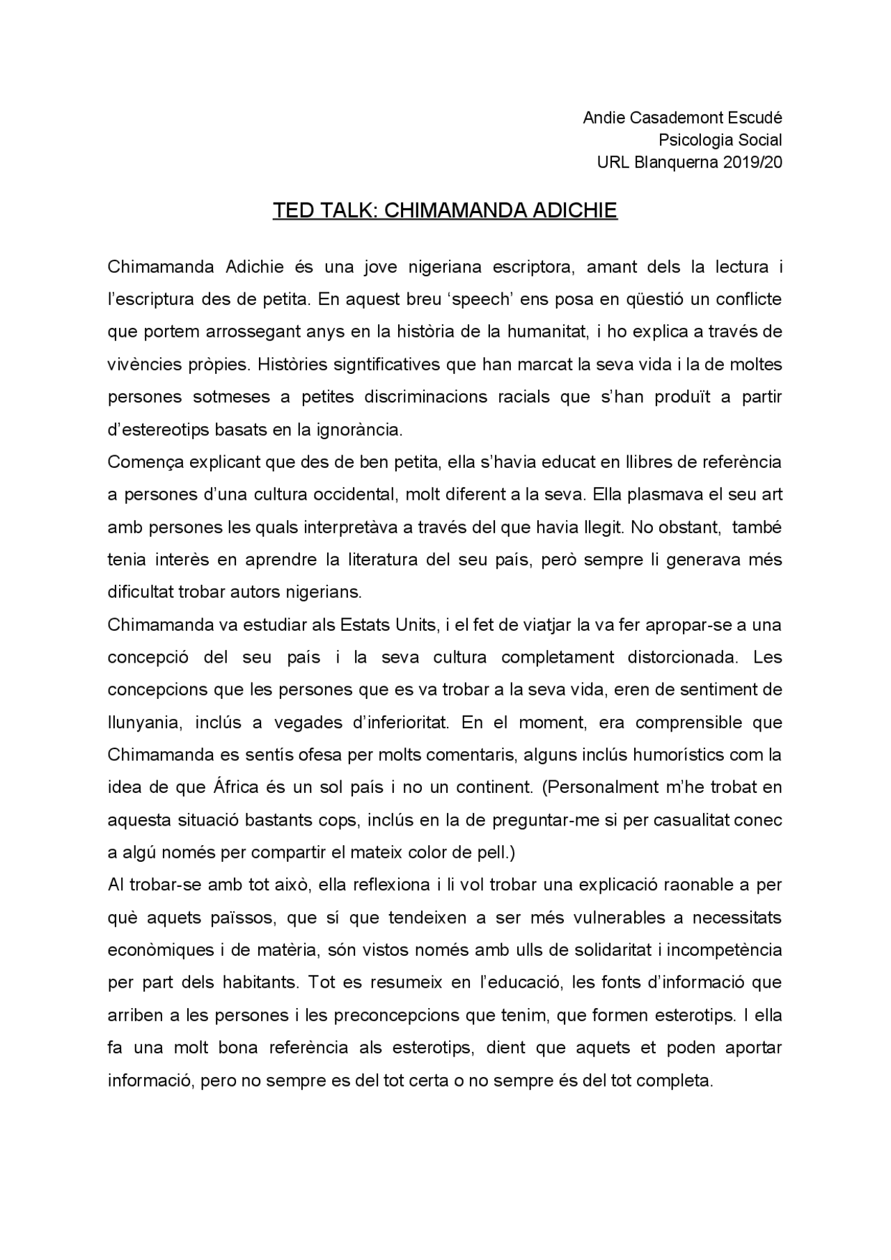 Chimamanda Adichie Ted Talk - Docsity