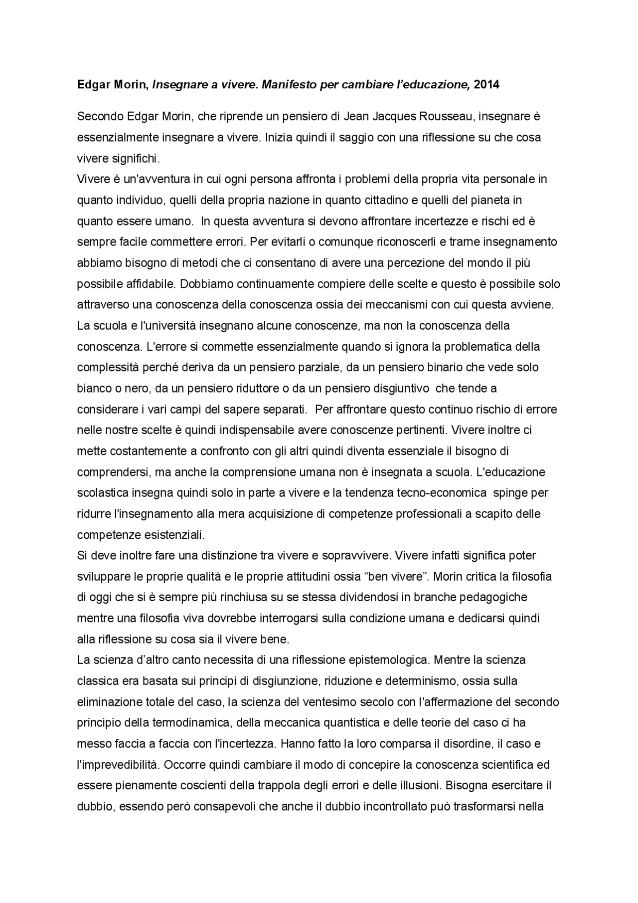 Insegnare A Vivere Riassunto Docsity
