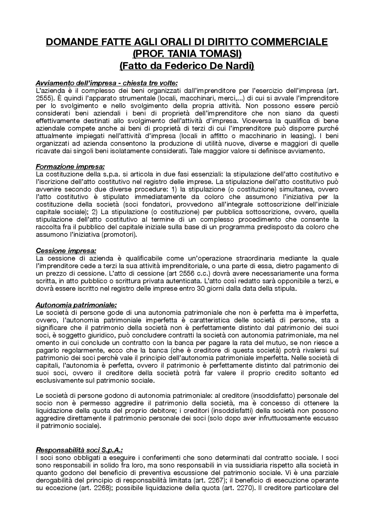 Domande diritto commerciale - Docsity