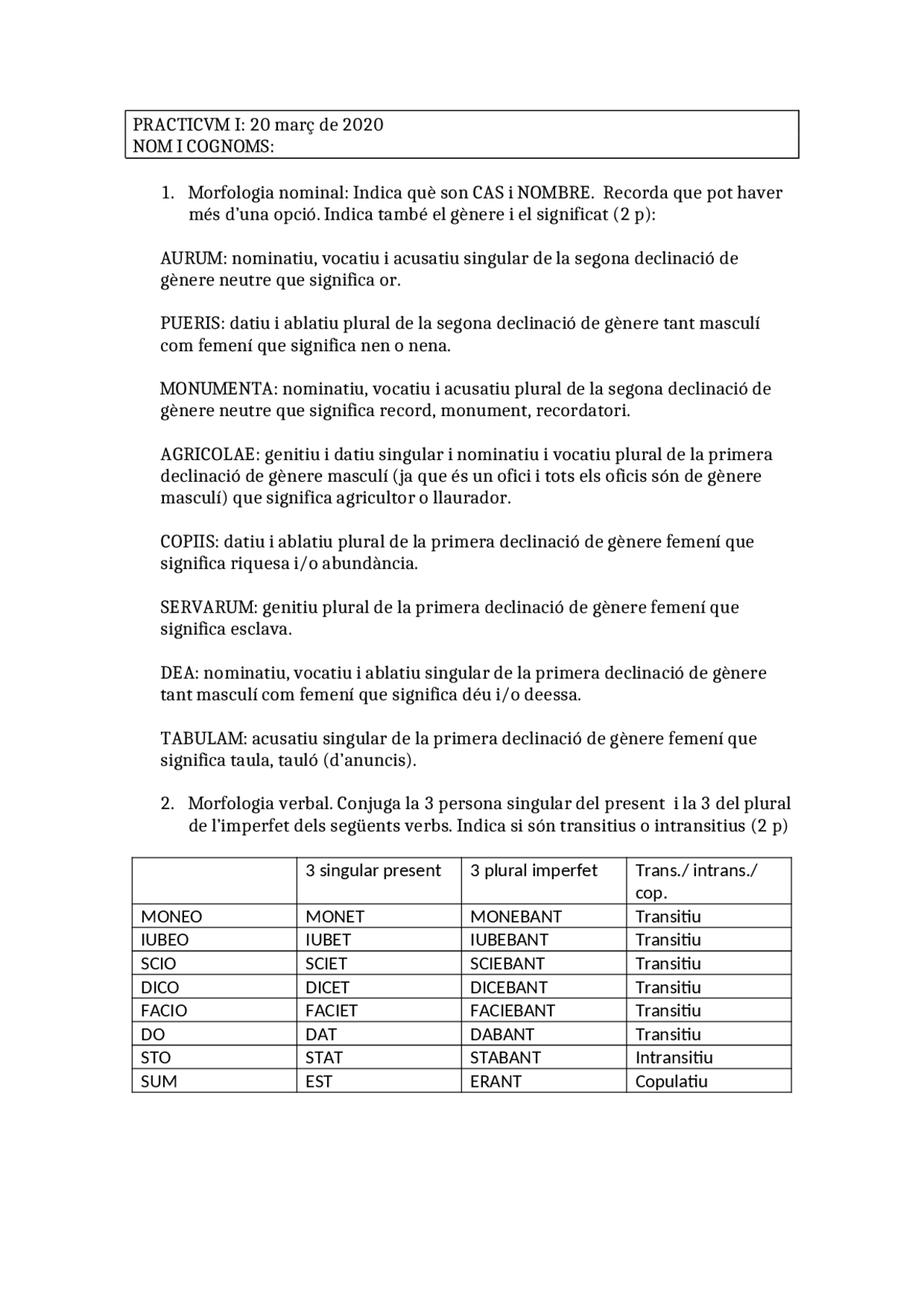 Examen Llatí Primer Parcial Docsity
