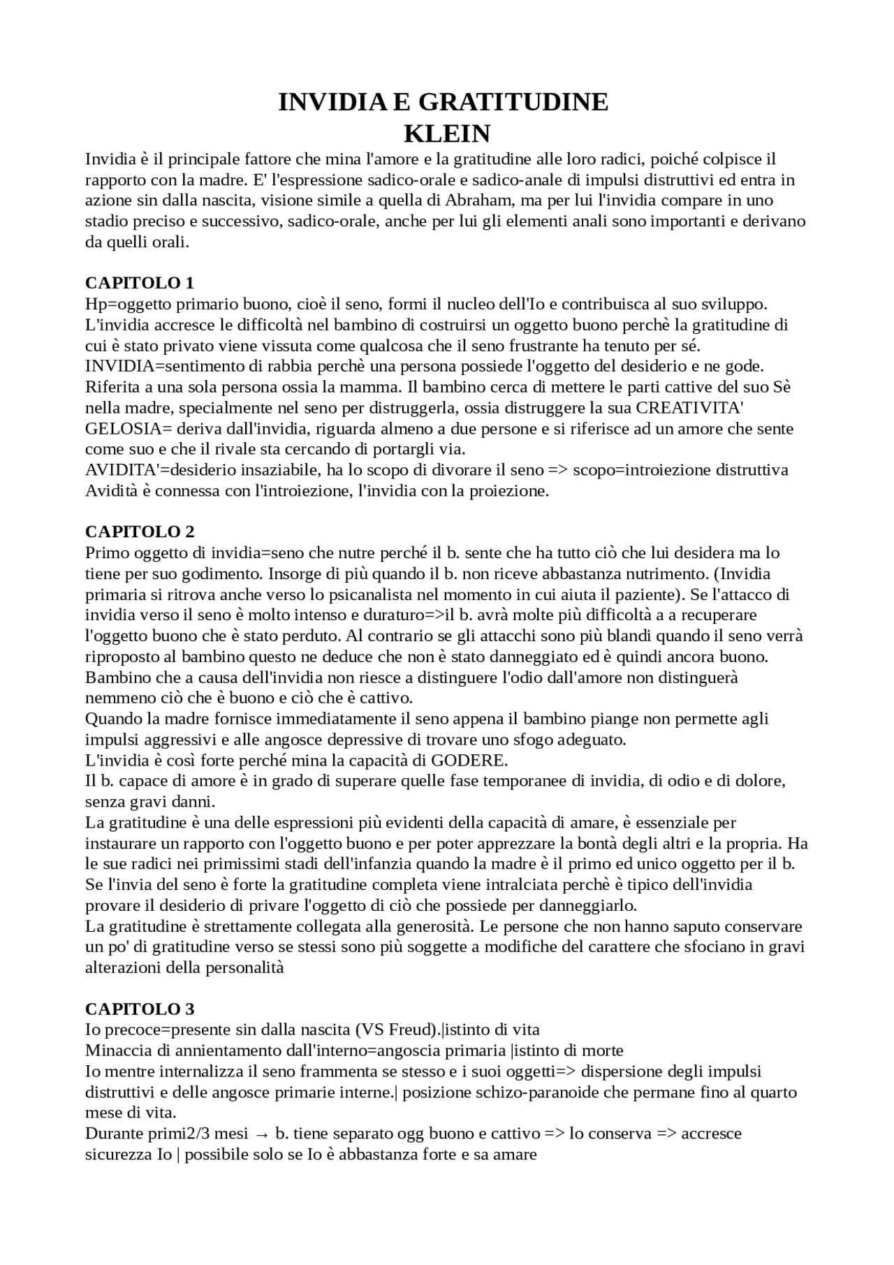 Invidia E Gratitudine Riassunto Libro Di Melanie Klein Docsity