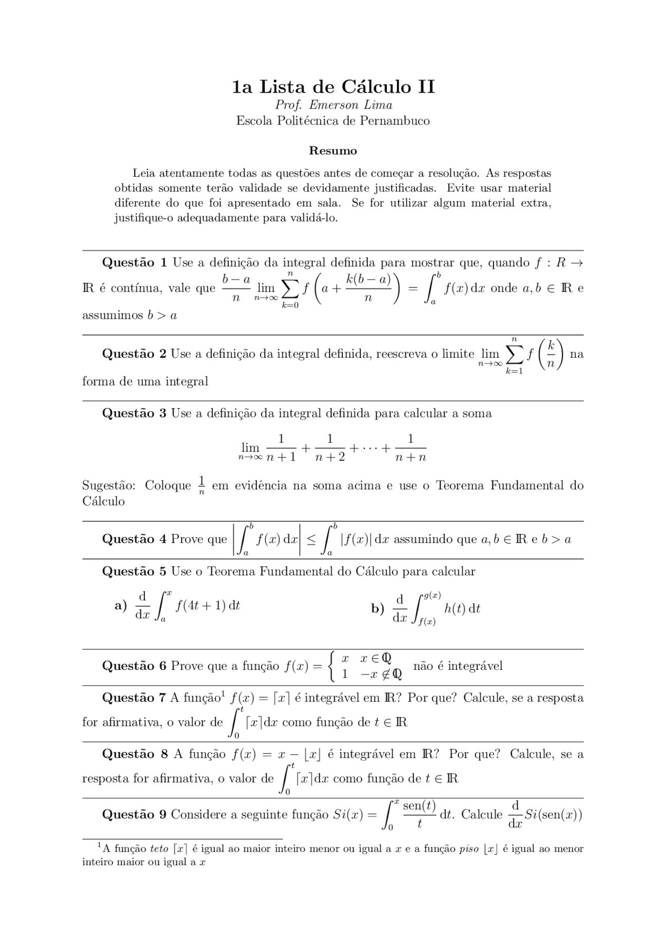 Lista 01 exercicios - calculo 2 - Docsity