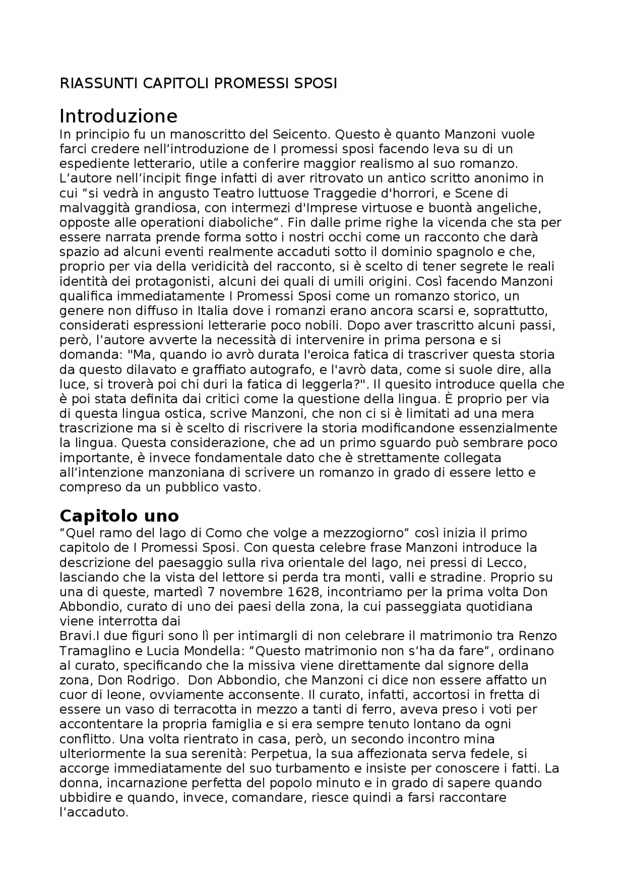 Riassunto Promessi Sposi Docsity