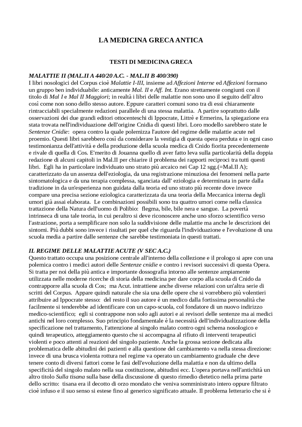 Concetti di medicina greca - Docsity