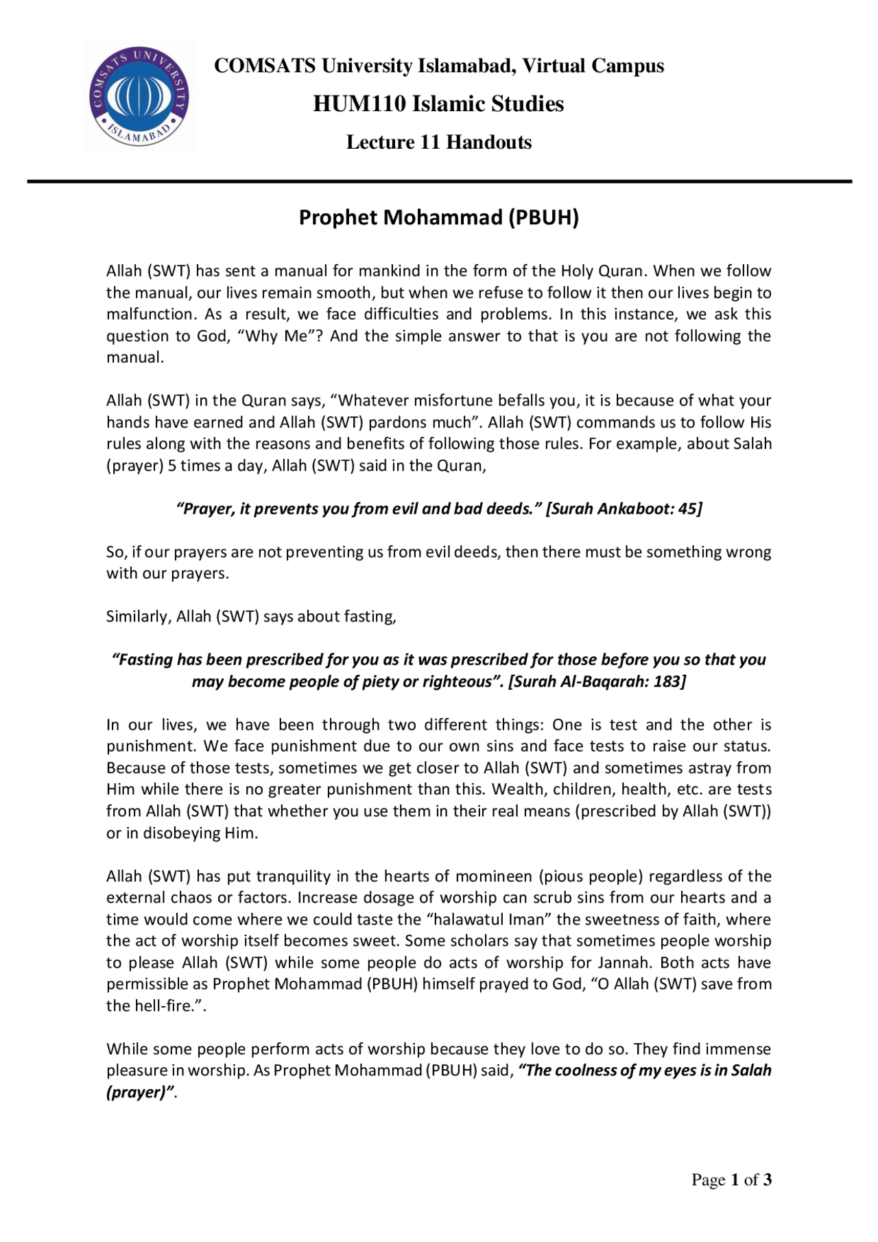 Propher Muhammad(PBUH) | Exams Islamic Studies and Culture | Docsity