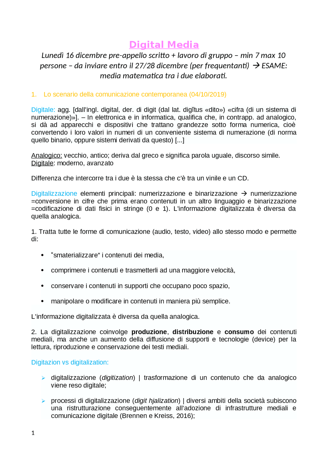 Digital Media Primo Anno Docsity