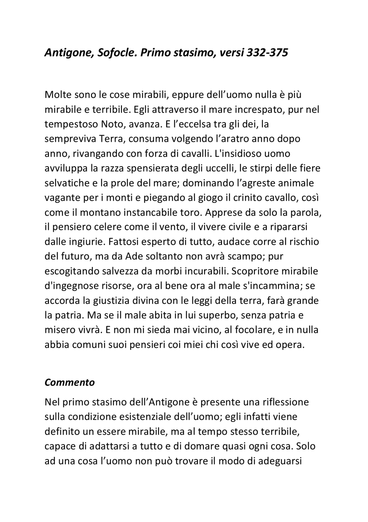 Traduzione e commento dell'Antigone di Sofocle, versi 332-375 - Docsity