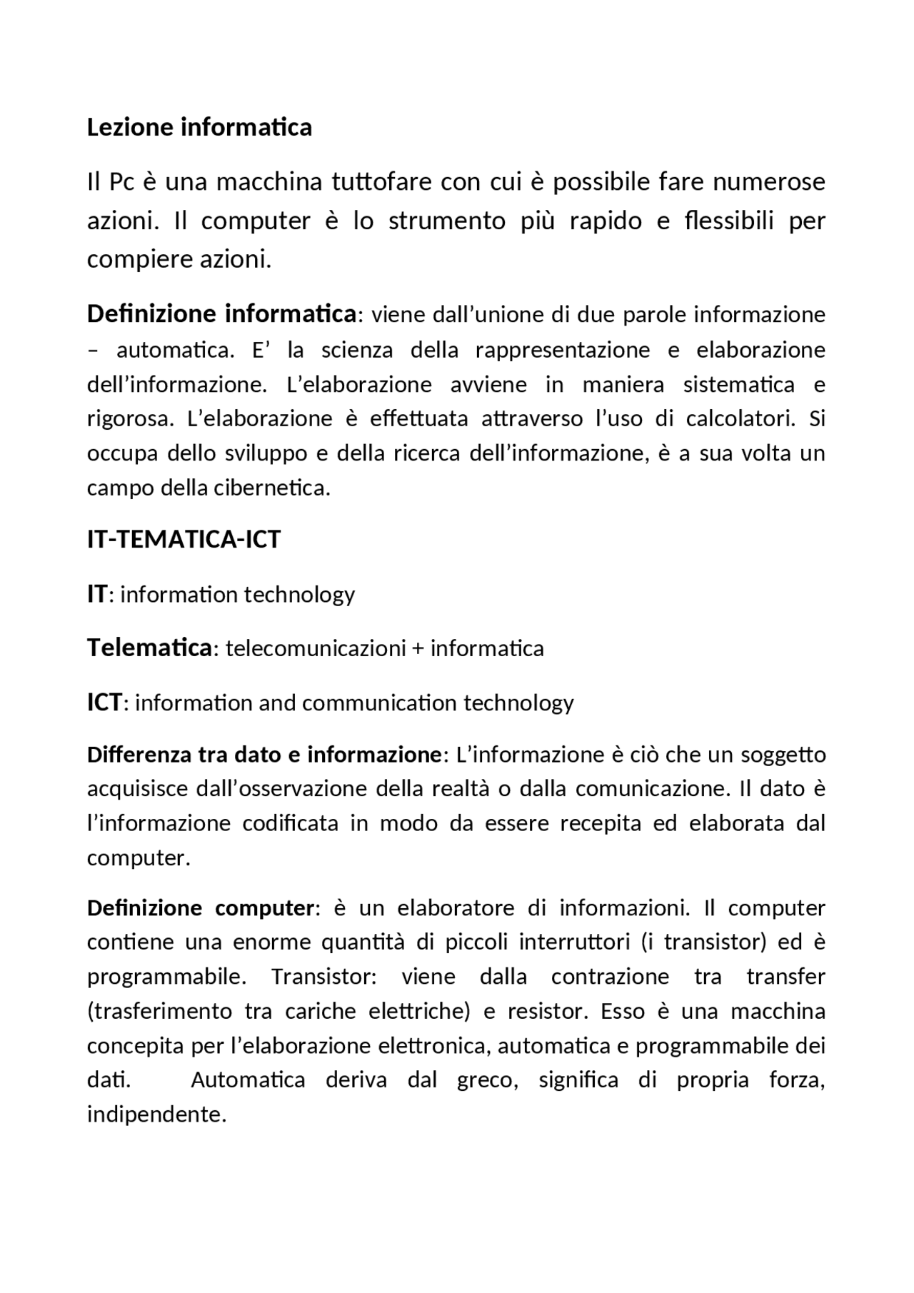Lezioni Di Informatica Appunti Di Elementi Di Informatica Docsity