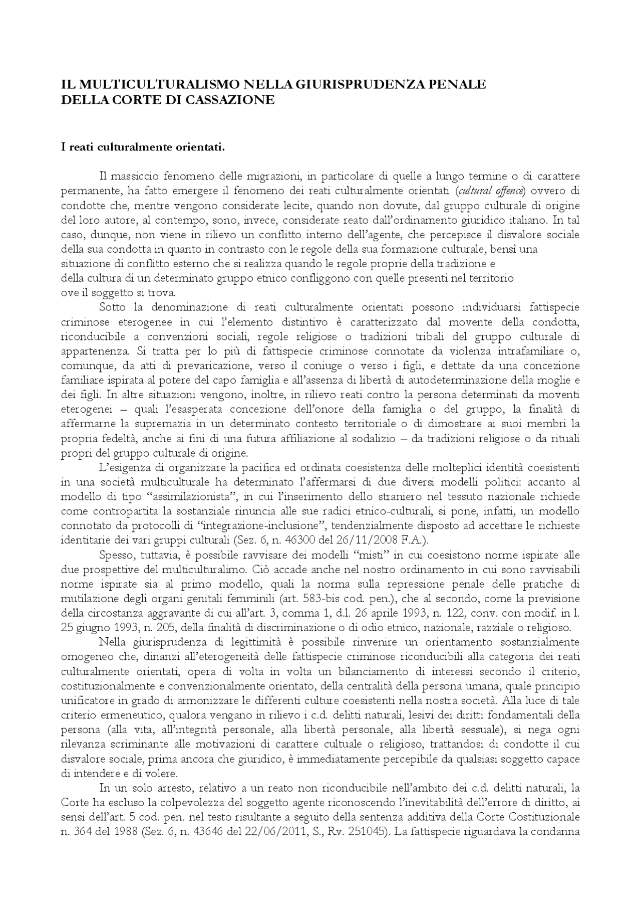 Il multiculturalismo nella giurisprudenza penale - Docsity