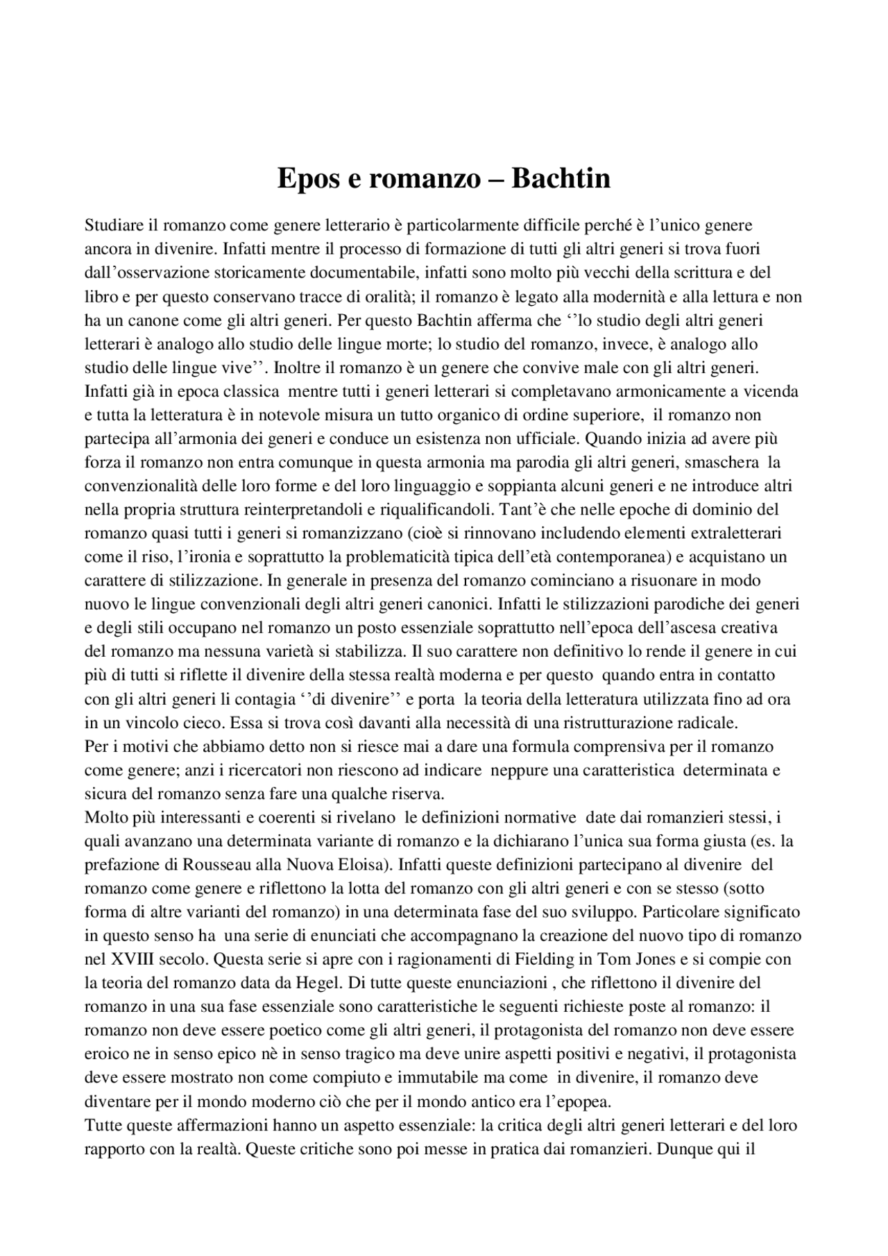 Epos E Romanzo Bachtin Docsity