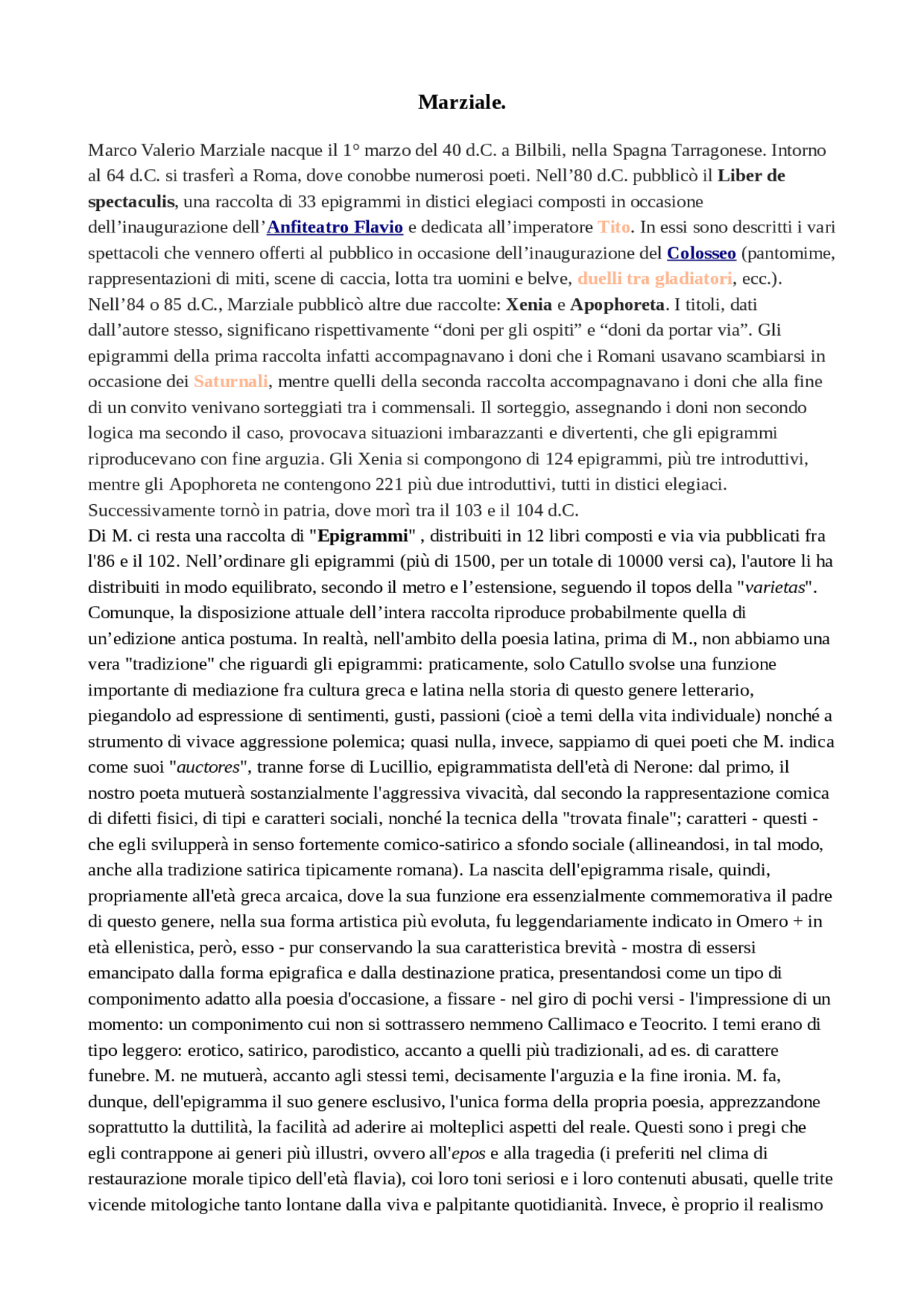 VITA, OPERE E PENSIERO DI MARZIALE. | Notas de aula Literatura latina | Docsity