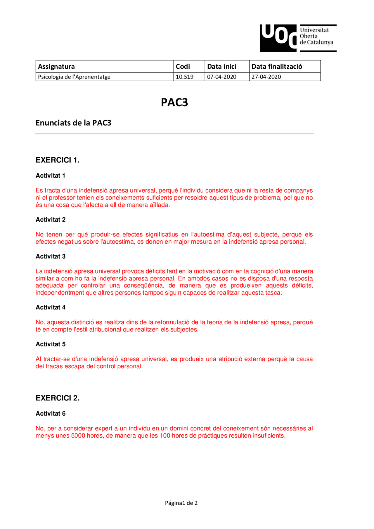 Pac 3 Psicologia De Laprenentatge Docsity