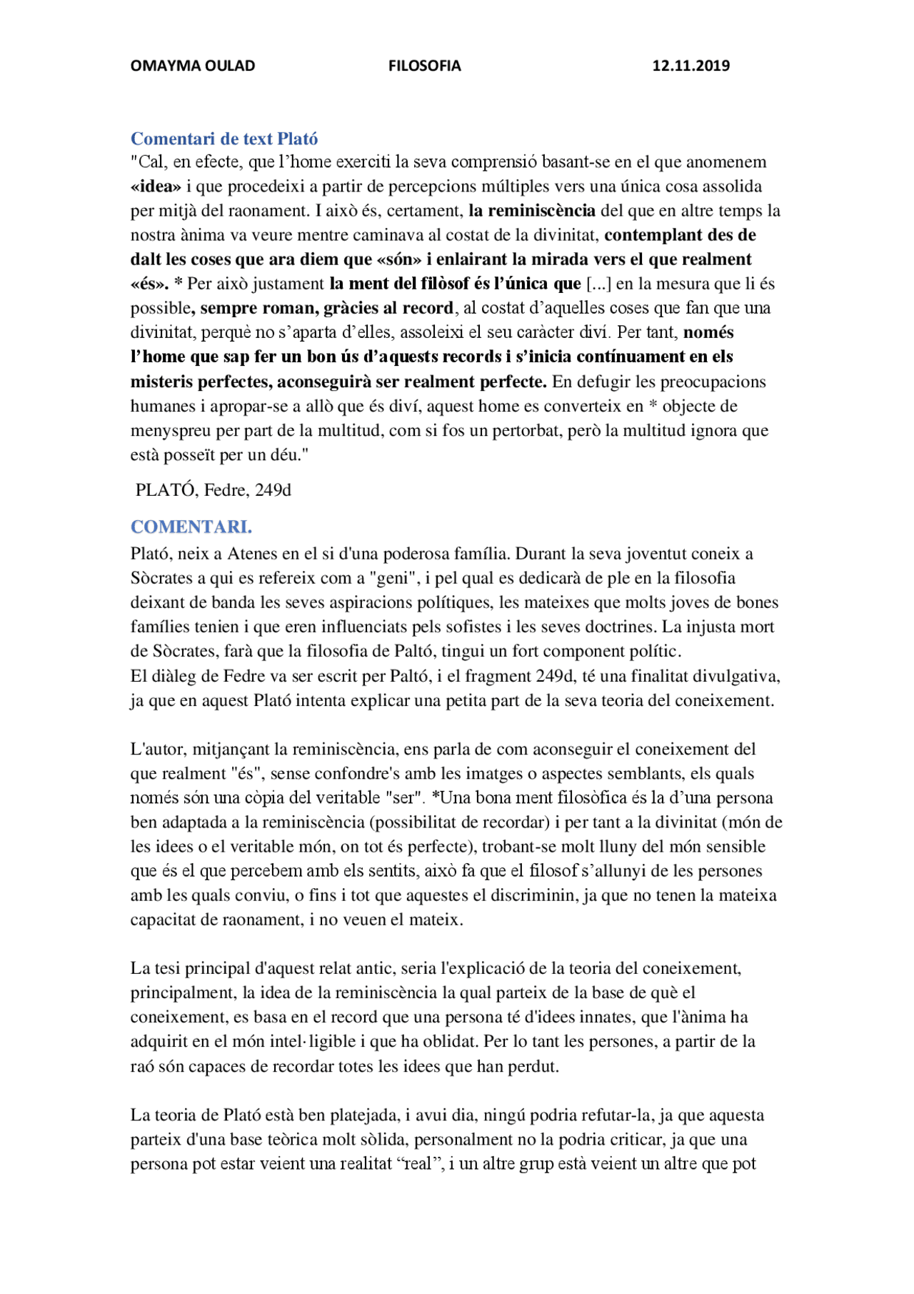 Comentari de Text PlatóPLATÓ, Fedre, 249d | Resúmenes de Historia de la Filosofía | Docsity