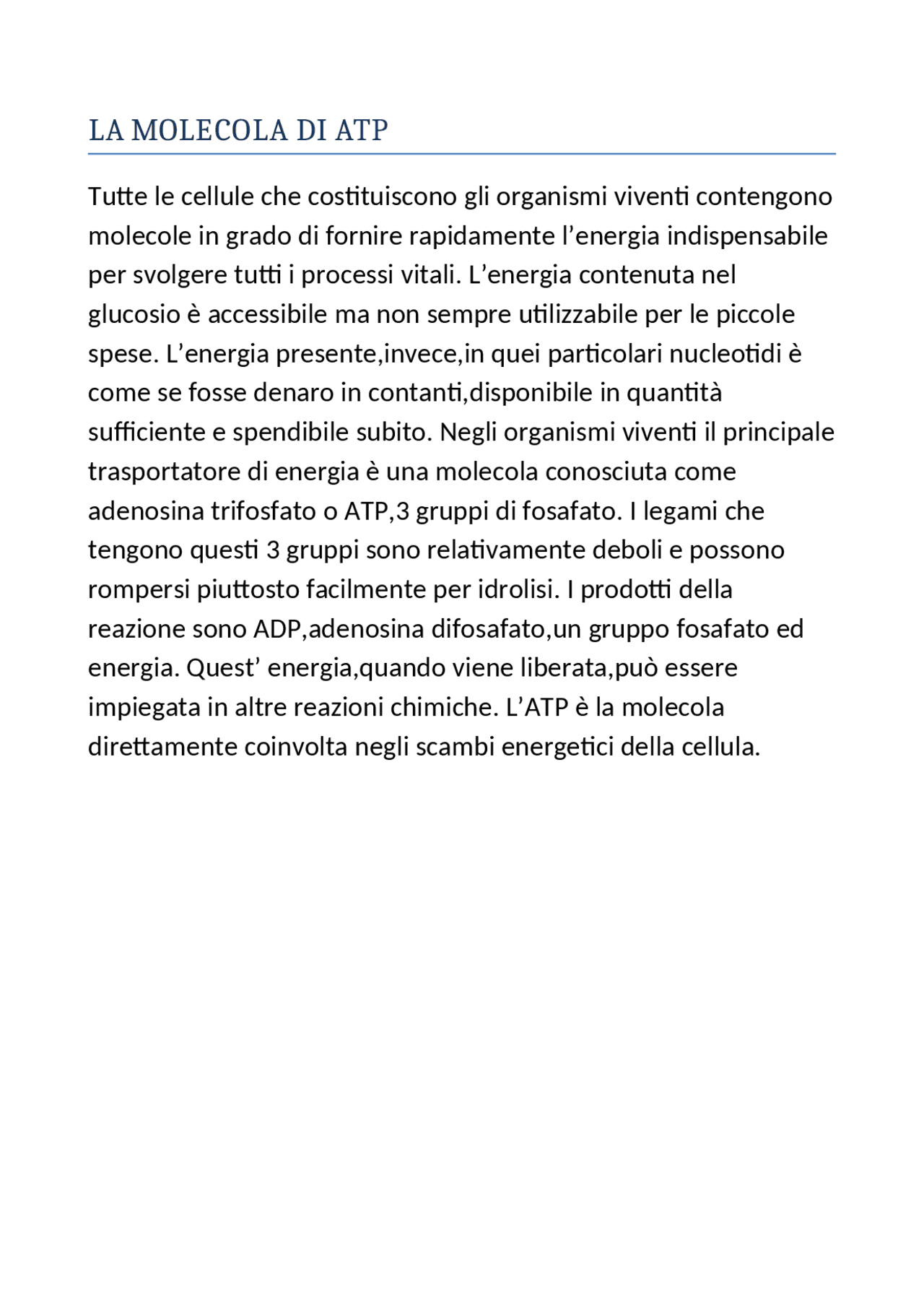 La molecola di atp in biologia - Docsity