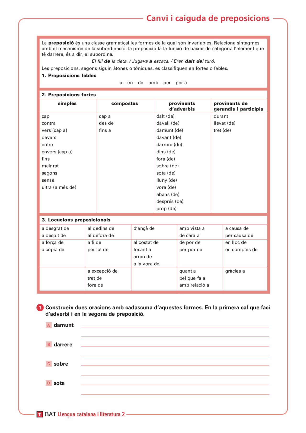 Canvi i caiguda de preposicions | Apuntes de Catalán | Docsity