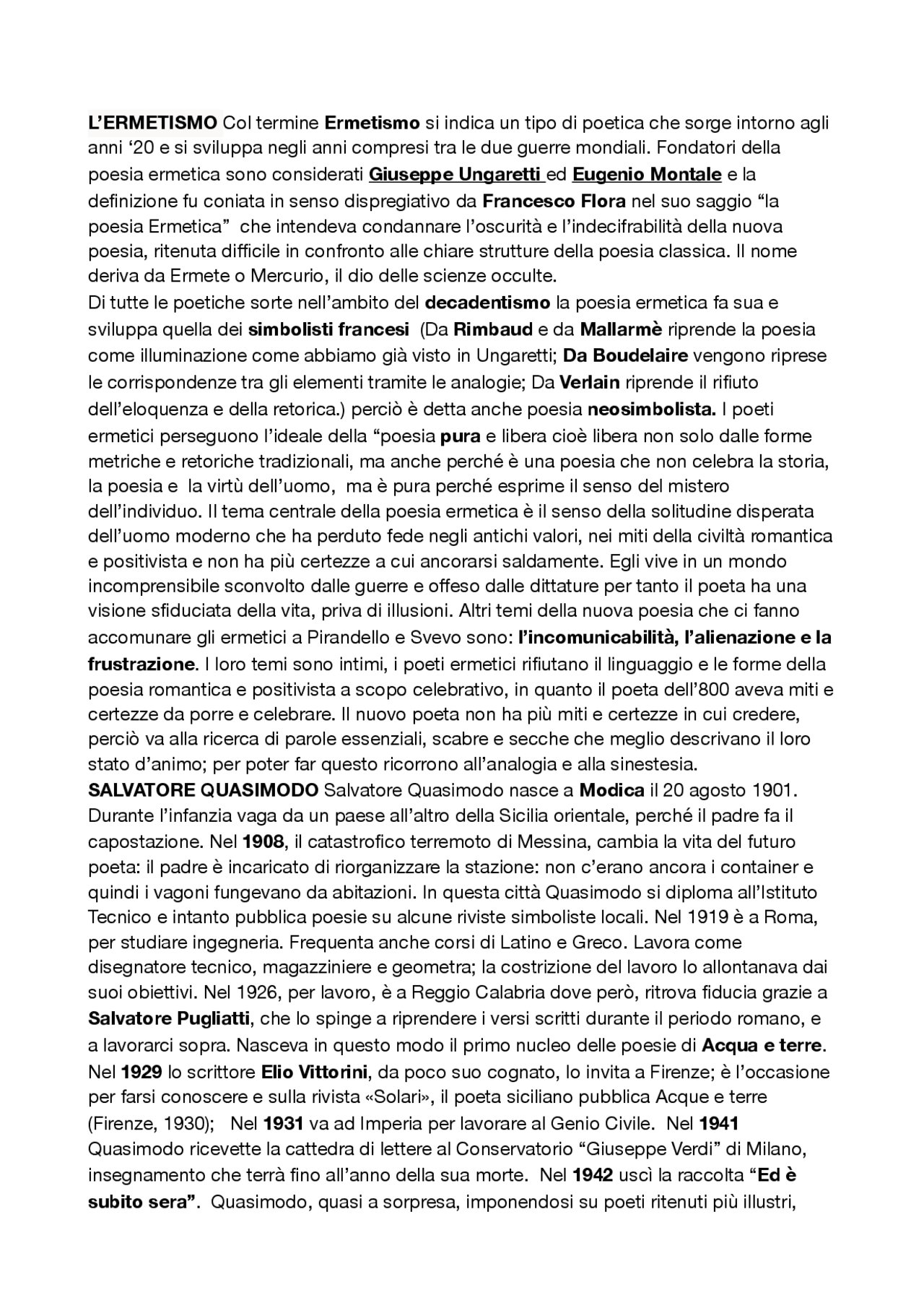 Ermetismo E Quasimodo Docsity