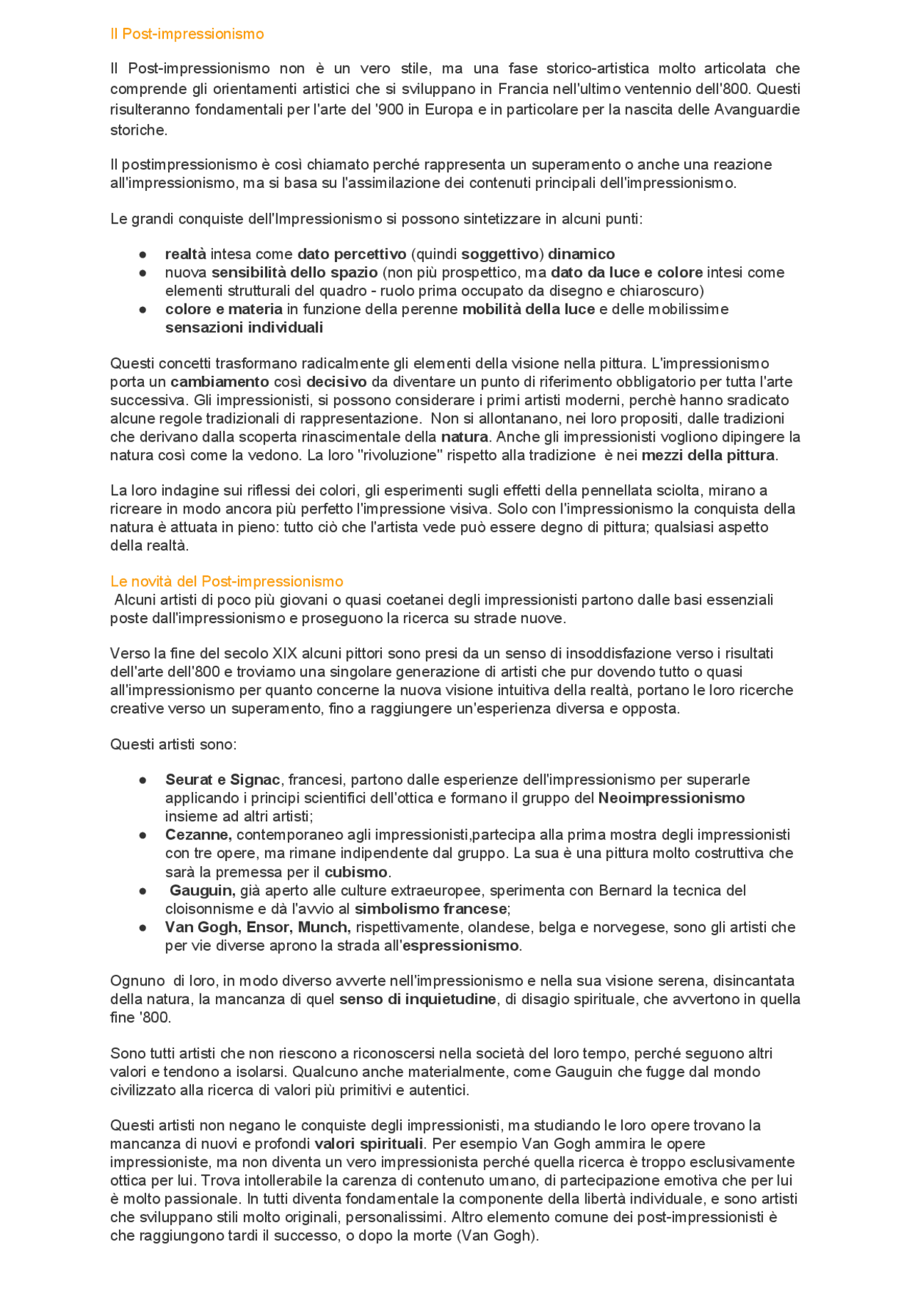 Il Post Impressionismo Docsity