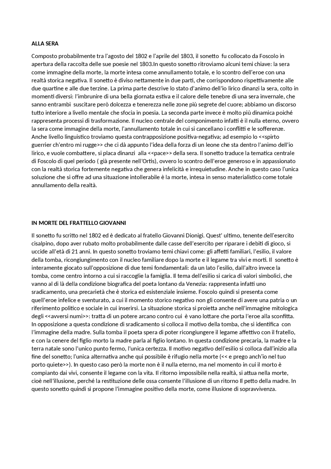 I Sonetti Di Foscolo Docsity