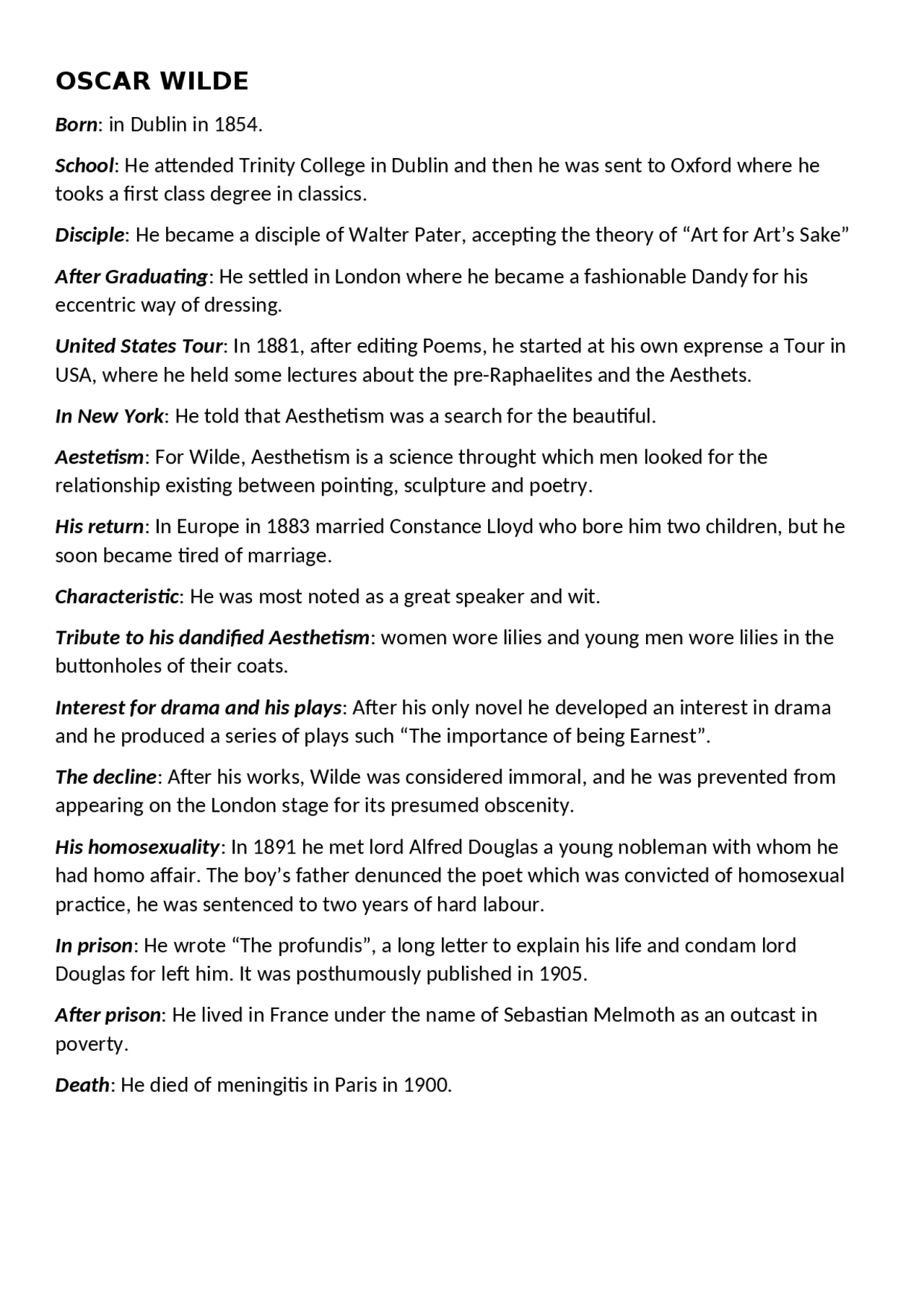 Oscar Wilde+The importance of being Earnest | Appunti di Inglese | Docsity